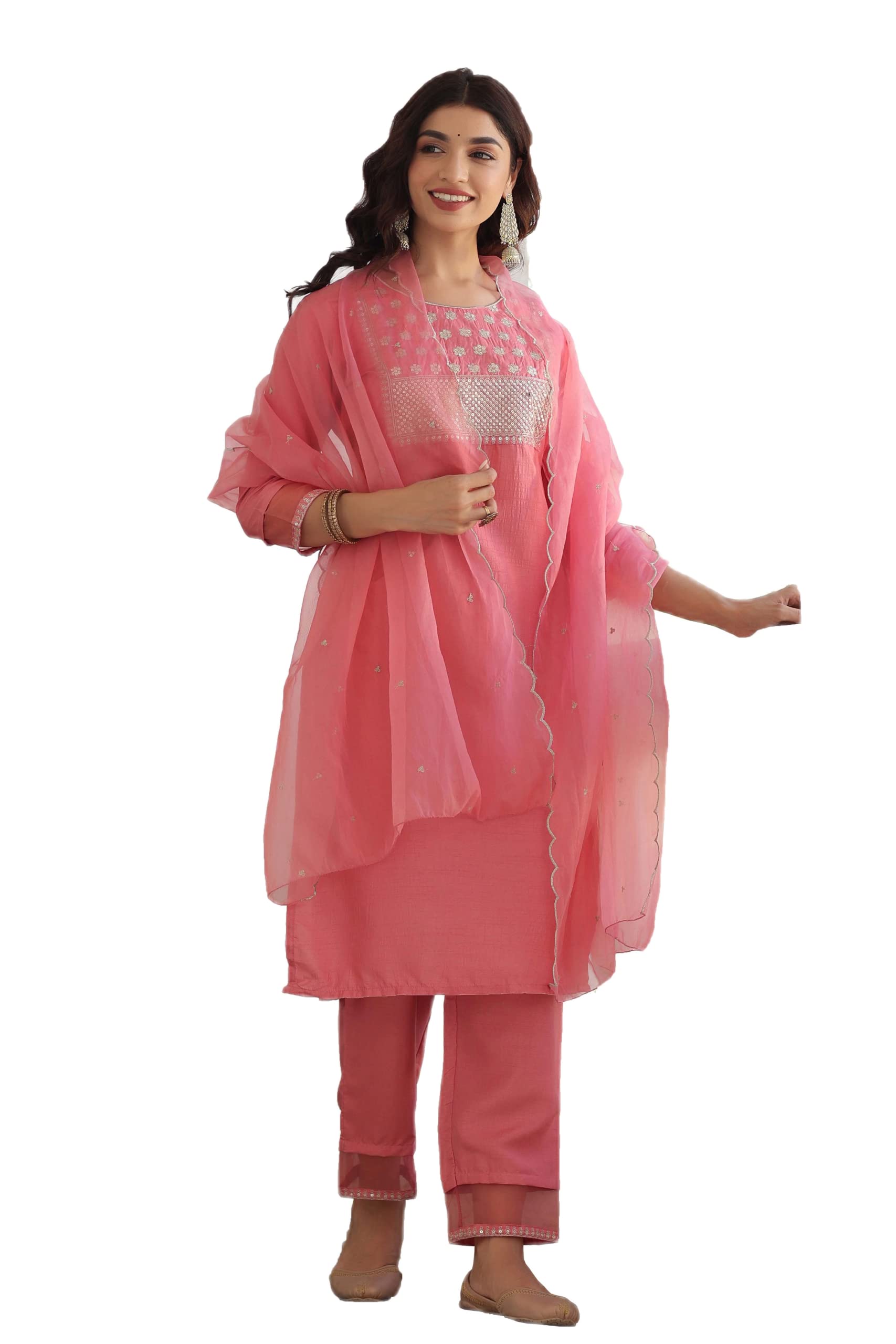 Vaamsi Women's Polysilk Embroiderd Kurta Pant Dupatta Set (PKSKD1159_XS_Pink)