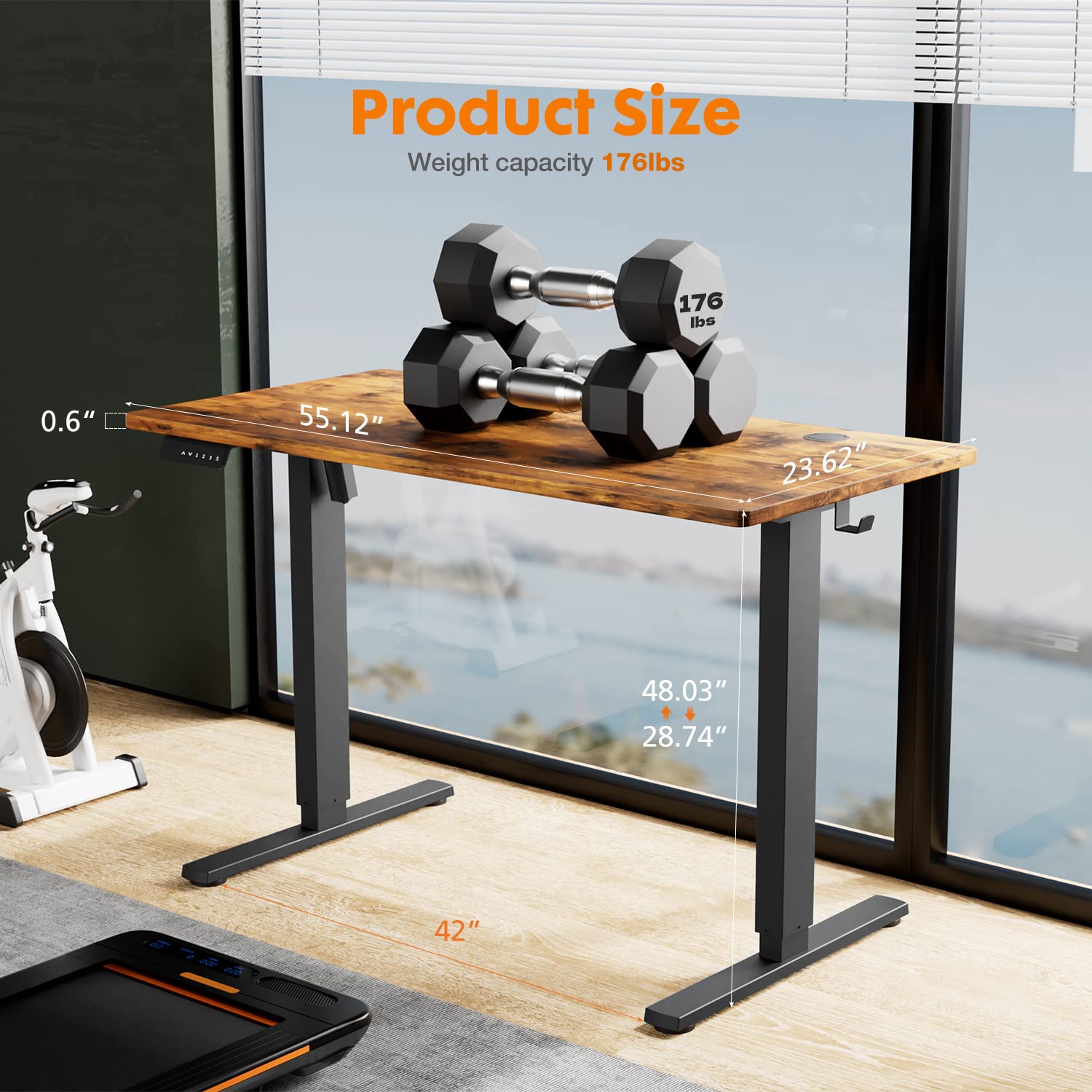 Sweetcrispy Height, 23.62" D x 55.12" W x 30" H Electric 3 Memory Presets Adjustable Stand T-Shaped Bracket, Ergonomic Computer Desk for Home Office, Rustic Brown, 55in