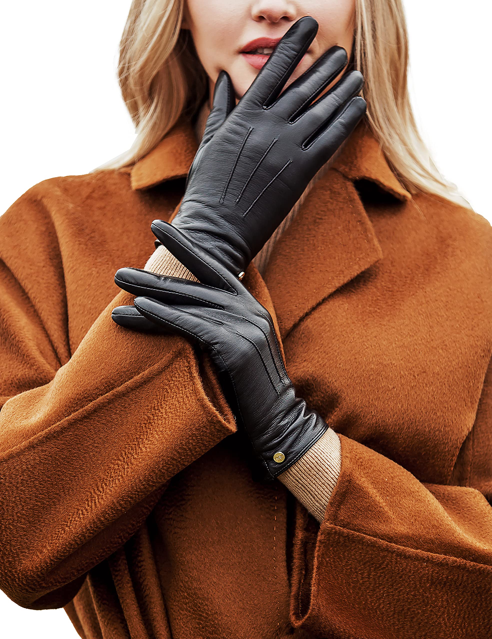 YISEVEN Women's Wool Lined Winter Genuine Leather Gloves Touchscreen Three Points Driving Elegant Dress Sheepskin Warm Fur Lining for Cold Weather Accessories New Year Gifts, Black Medium/7.0"