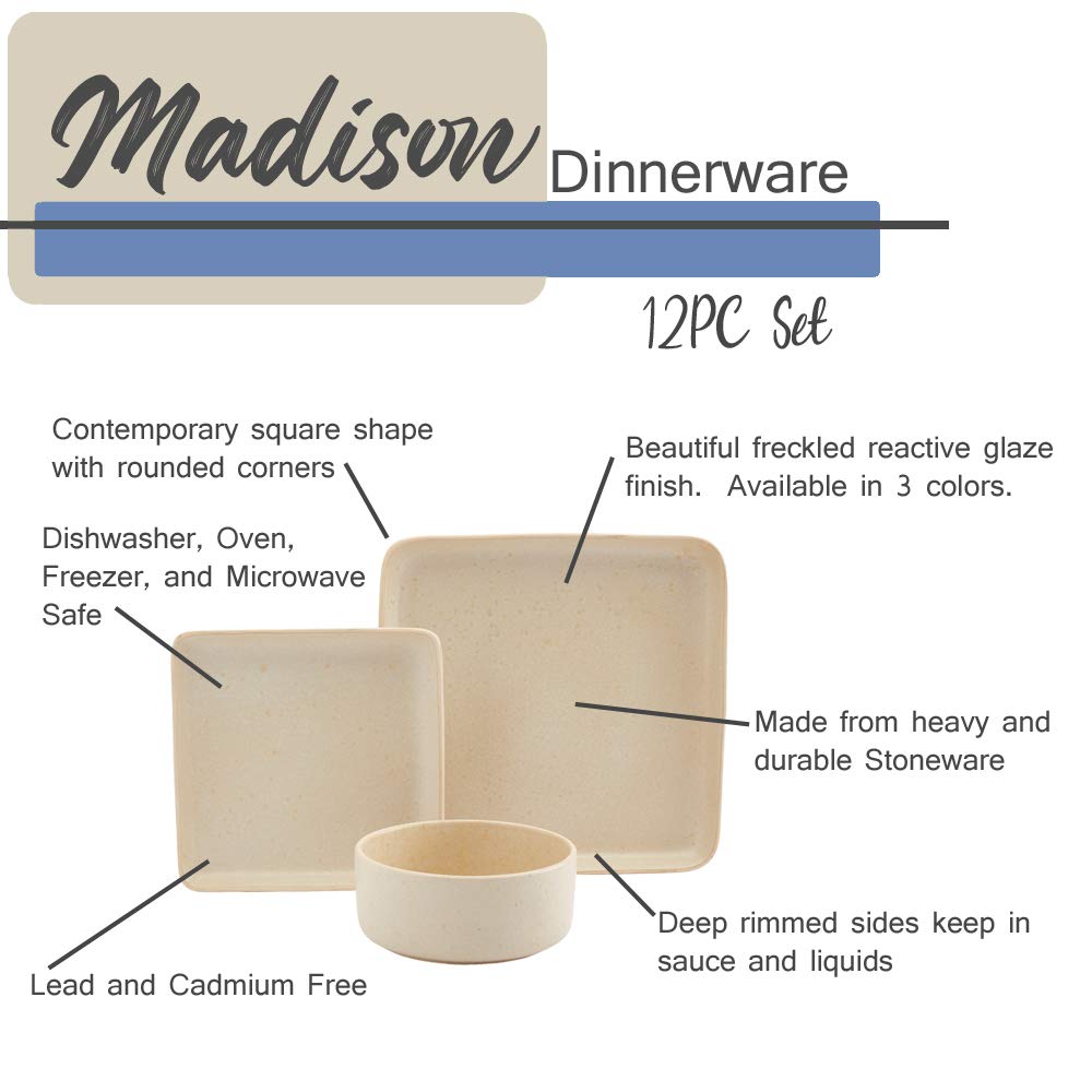 Tabletops Gallery Madison Fashion Dinnerware Collection- Square Contemporary Modern Reactive Glaze Dinner Salad Plate Bowl 4 Place Setting, 12 Piece Madison Dinnerware set in Speckled Blue