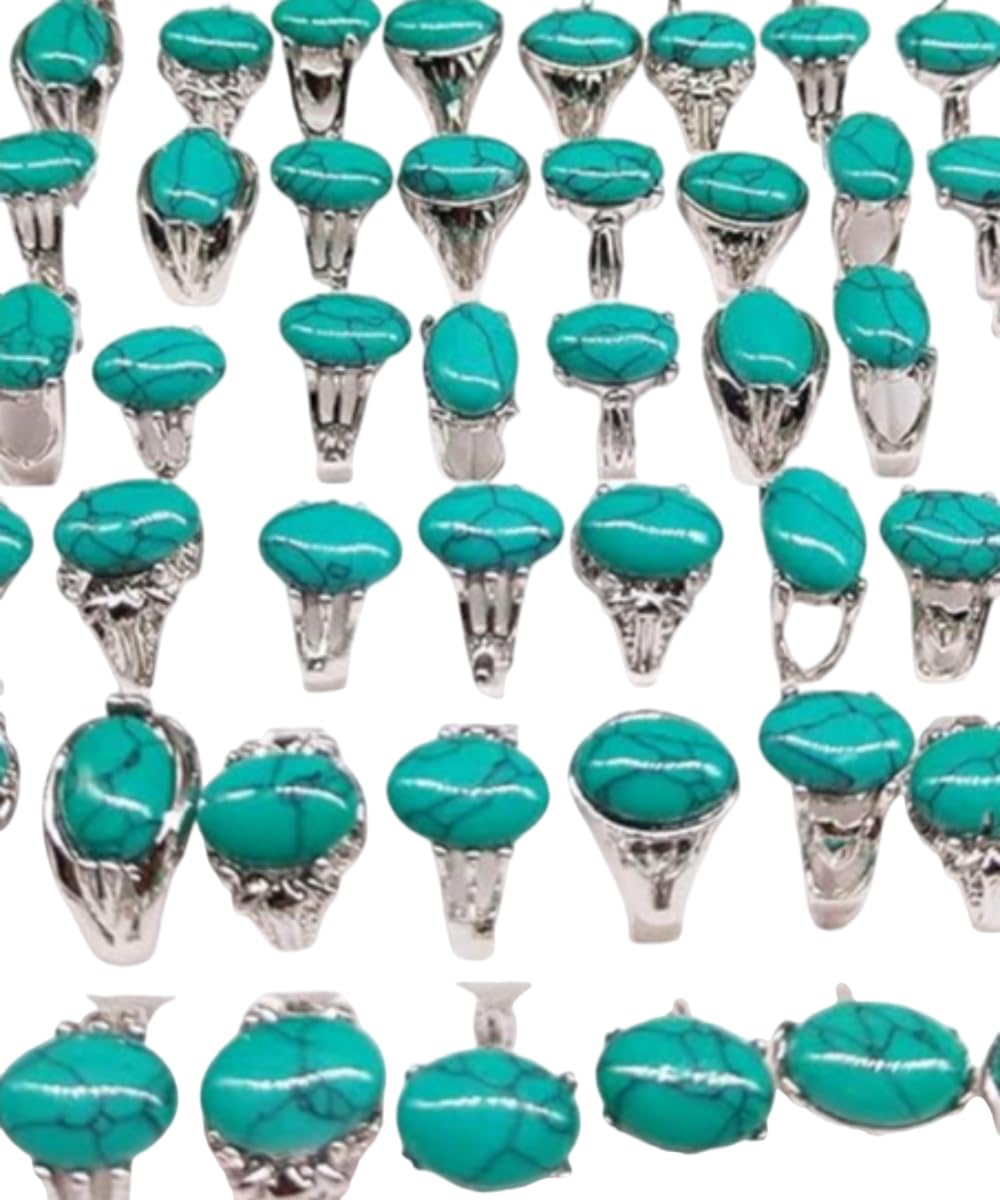 XSWLKJ Wholesale lots Mixed 36pcs Women Natural Turquoise Jewelry Silver P Rings (Light blue turquoise)