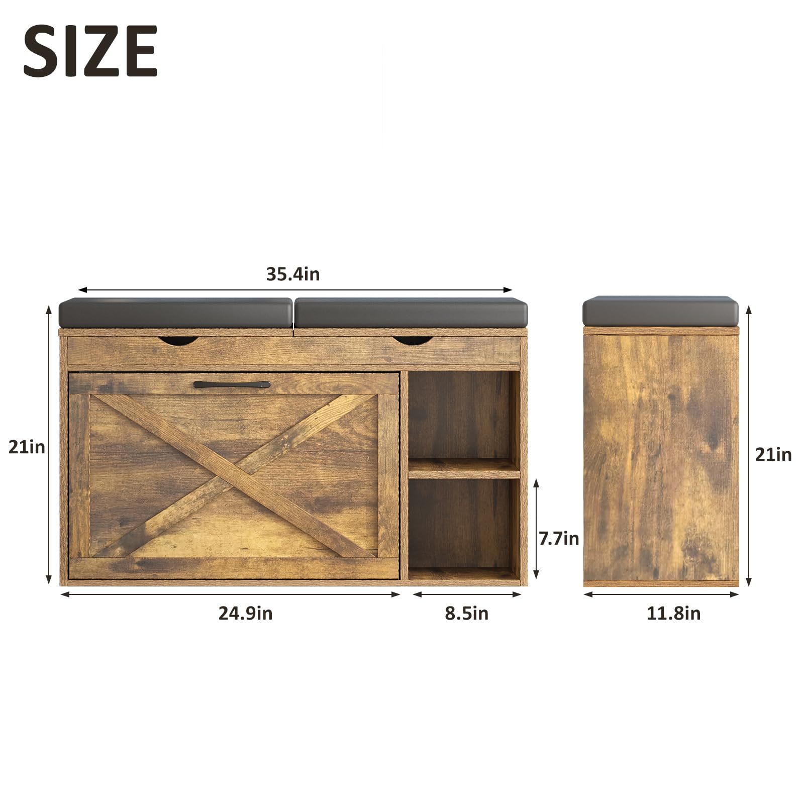 Vabches Shoe Storage Bench with Flip Drawer, Entryway Bench with 2 Lift Top Storage Boxes, Adjustable Shelf, Narrow Shoe Rack Shoe Cabinet for Entryway Slim, Living Room, Bedroom, Mudroom,Rustic Brown