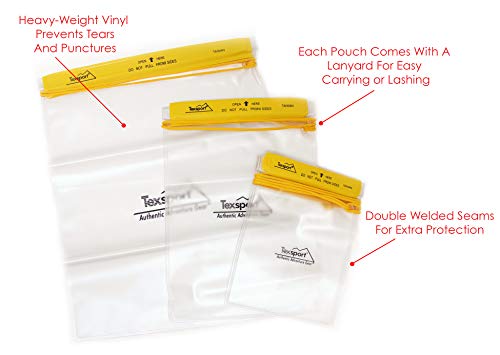 Texsport Waterproof Plastic Pouch Utility Bags - 3 Piece Set Multi Color, 7"x 5", 10" x 7", 13" x 10-1/2"