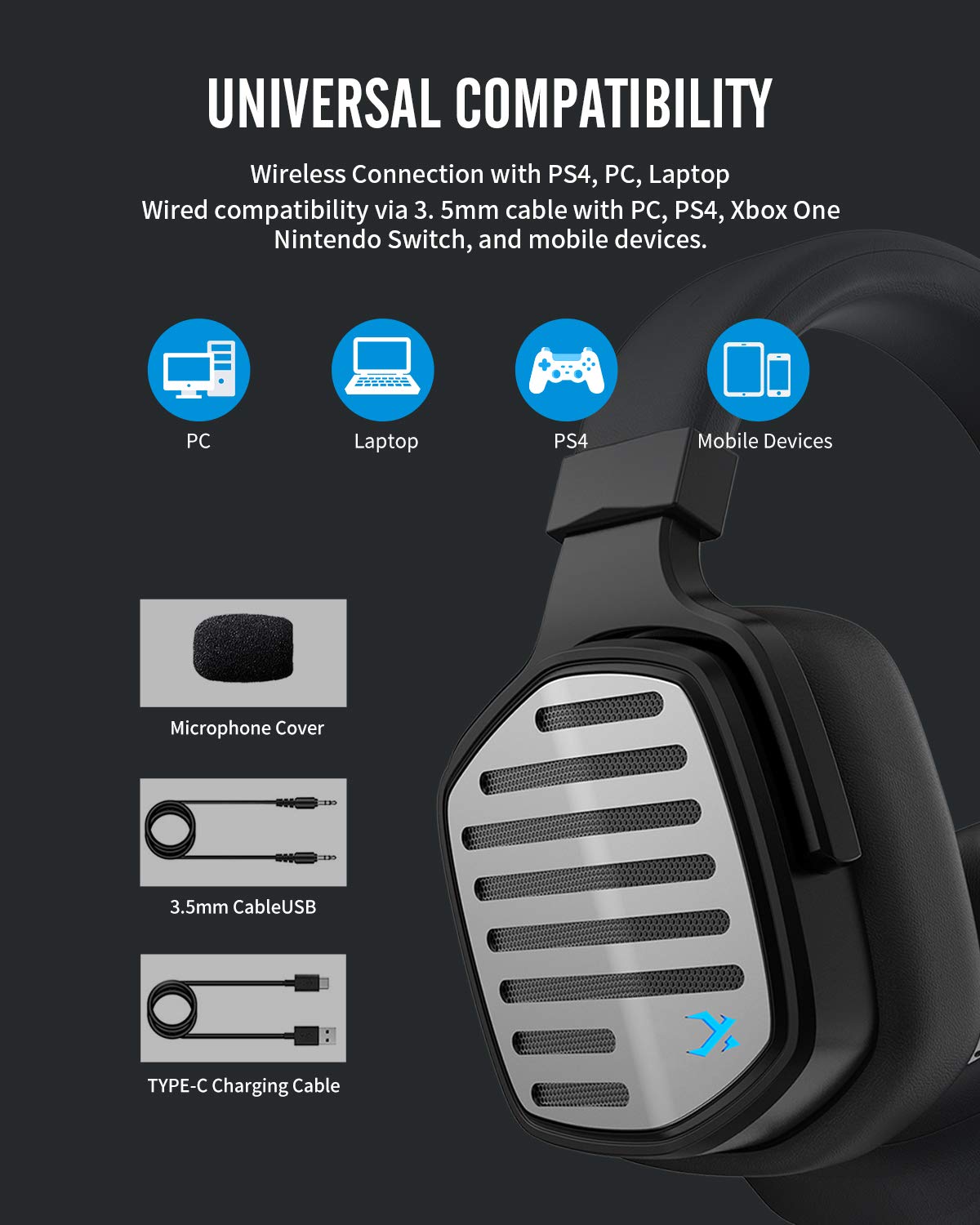 XIBERIA G02 Wireless Gaming Headset with Detachable Unidirectional Microphone Compatible for PC,PS4,PS5,2.4GHz Ultra-Low Latency,Noise Cancelling MIC,Memory Foam Earmuffs(Wired Mode for Xbox One)