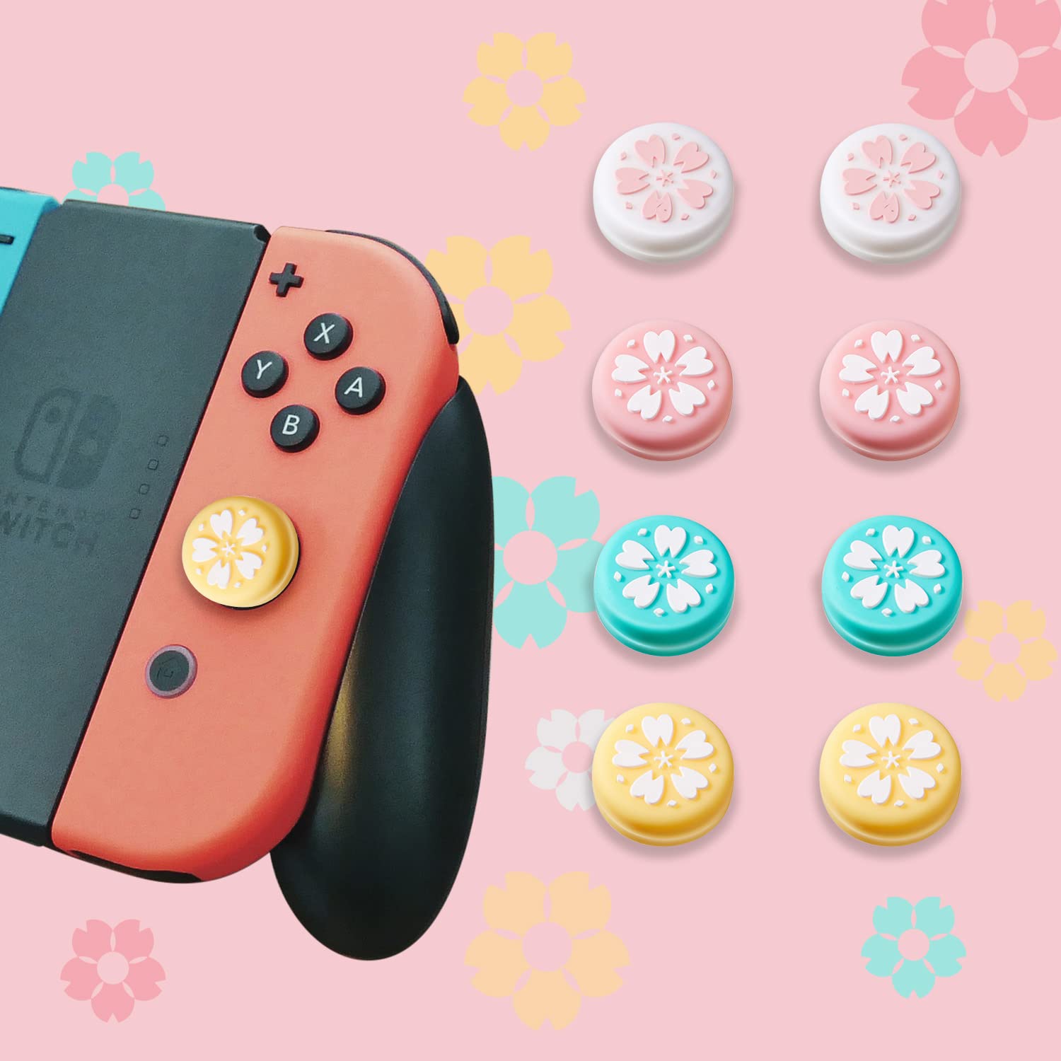Sumind 8 Pieces Sakura Flower Thumb Grip Caps, Thumb Grips Analog Stick Cover Soft Silicone Button Joystick Cap Compatible with Nintendo Switch, Switch Lite and Joy-Con Controller