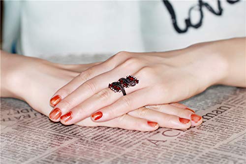 Uloveido Black Plated Wide Flower Ring with Red CZ Stones Created Ruby Diamond Unique Wedding Engagement Promise Jewelry (Red, Size 8) J656