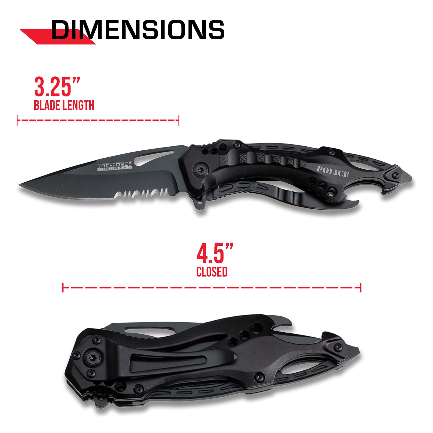TAC Force- Spring Assisted Folding Pocket Knife โ Black Stainless Steel Blade with Black Aluminum Handle, Bottle Opener, Glass Punch and Pocket Clip, Tactical, EDC, Rescue - TF-705 , 3.25 inch blade