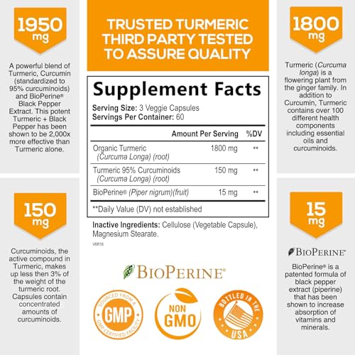 Turmeric Curcumin with BioPerine 95% Standardized Curcuminoids 1950mg - Black Pepper Extract for Max Absorption, Nature's Joint Support Supplement, Herbal Turmeric Pills, Vegan Non-GMO - 180 Capsules