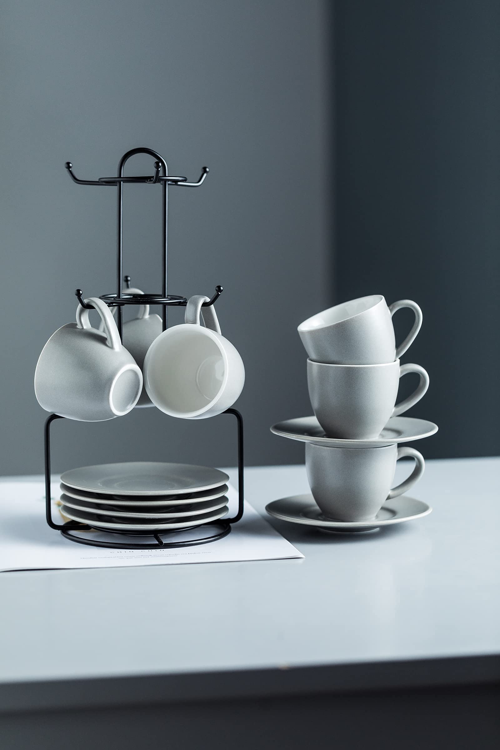 YHOSSEUN Espresso Cups with Saucers Set with Cup Holder 4 oz Cappuccino Cups Set of 6 Porcelain Espresso Cups Set and Metal Stand 3 OZ Demitasse Cup