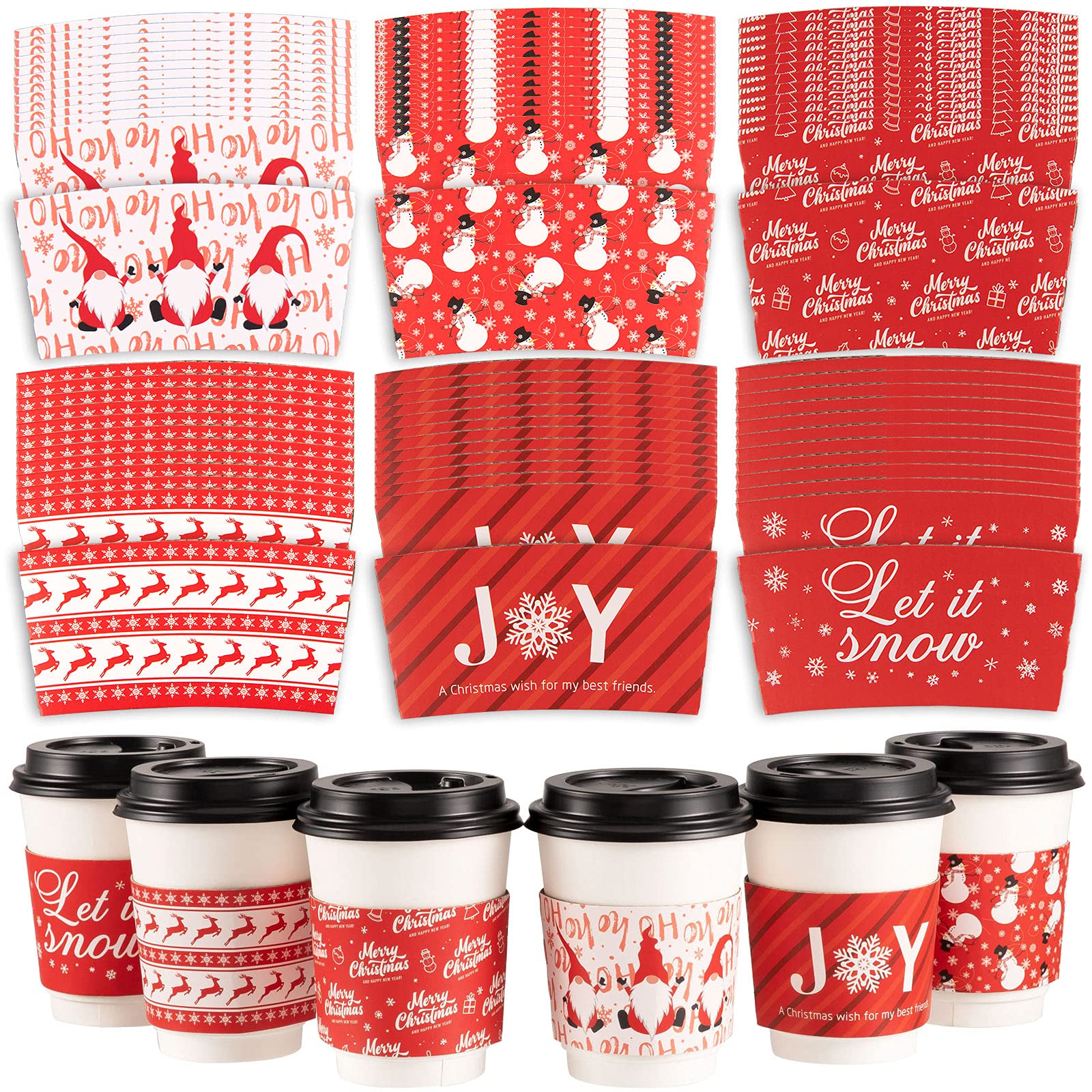 Whaline Christmas Coffee Tea Cup Sleeves 30 Pack Disposable Cardboard Sleeves Double-Layer Paper Sleeves Fit 12 and 16oz Paper Cup for Hot Drinks Cold Beverage Cafe Shop Office, 6 Design