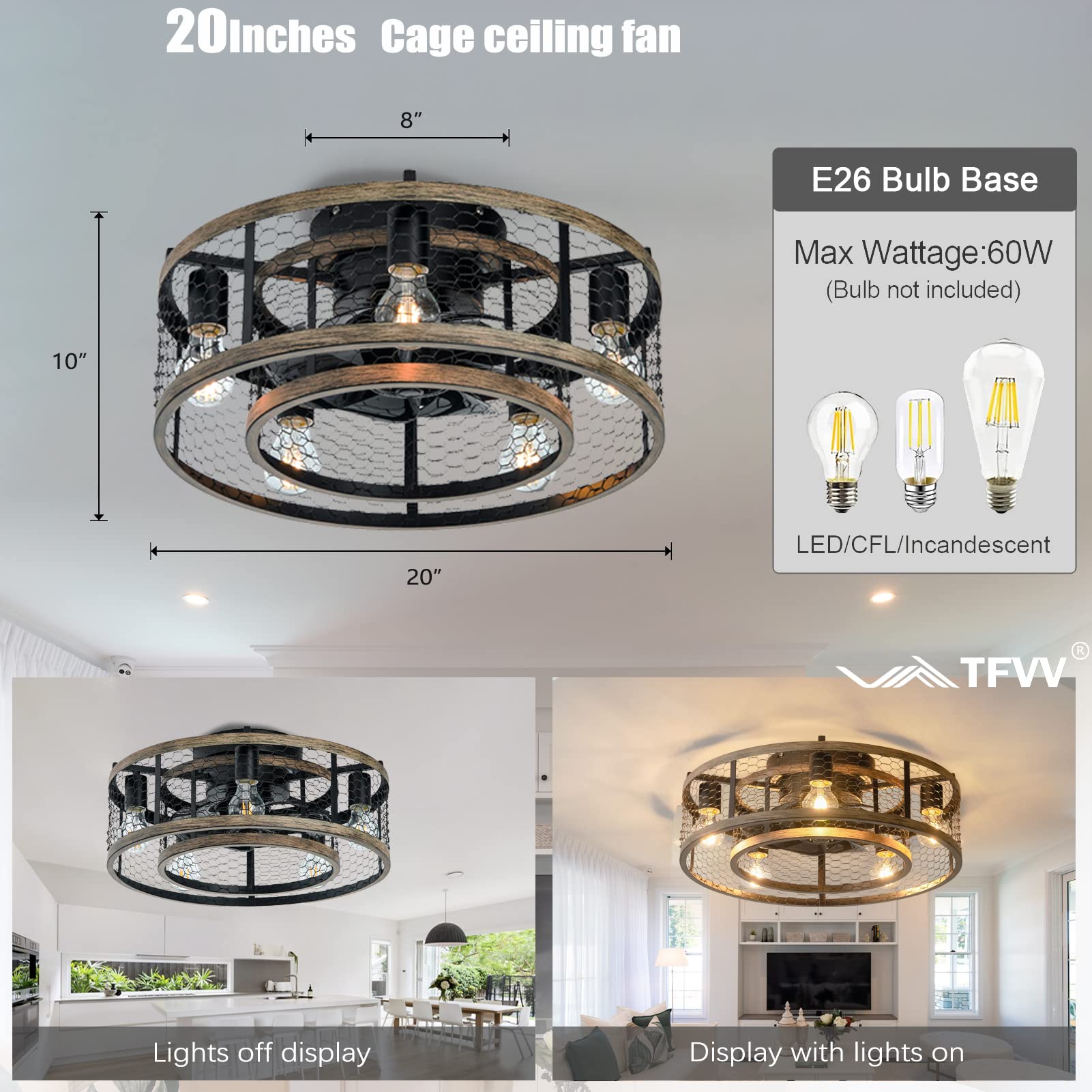 TFVV 20" Caged Ceiling Fan with Light,Low Profile Flush Mount Bladeless Small Ceiling Fan Light for Bedroom,Livingroom (Copper)