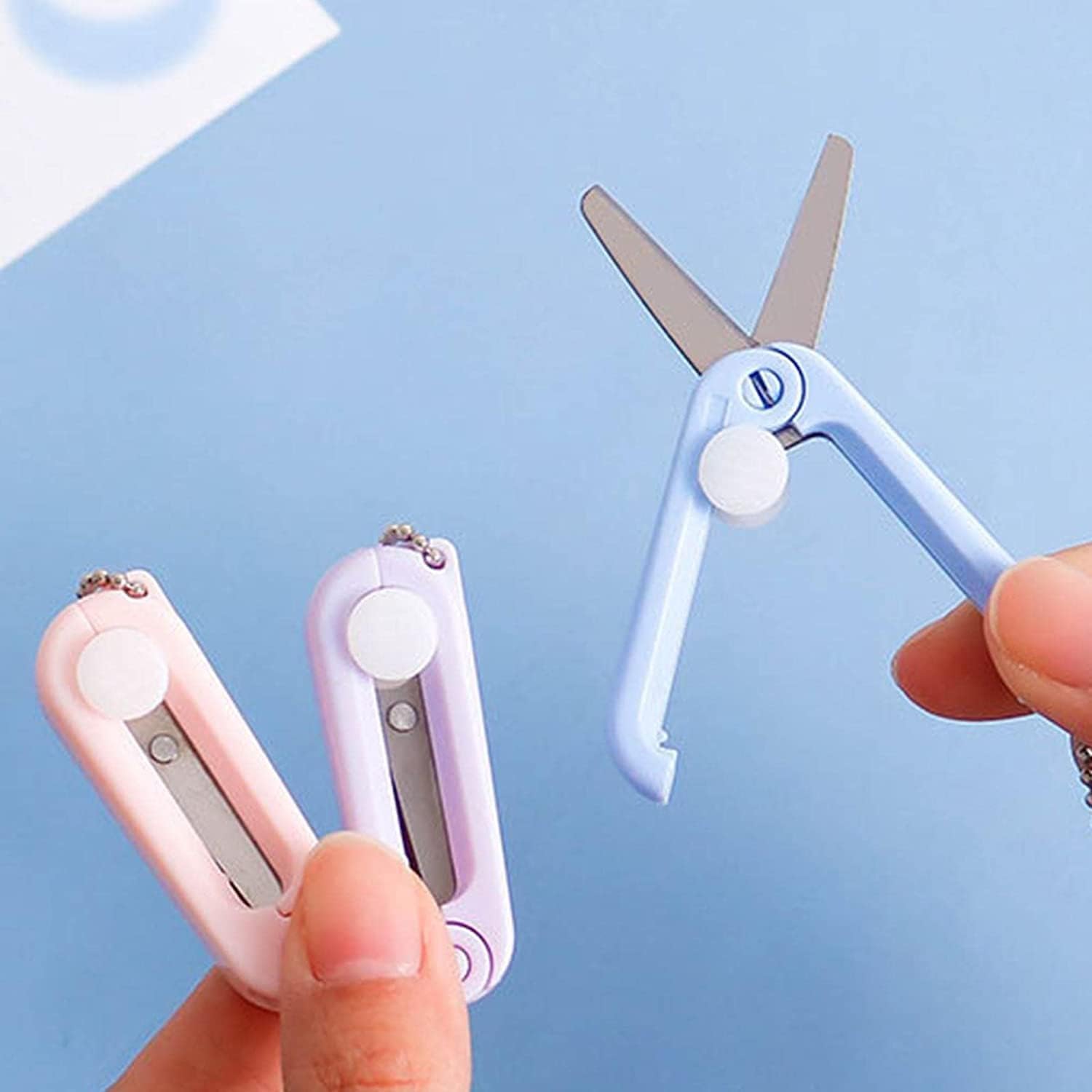 White Folding Scissors Safe Portable Travel Scissors Mini Scissor Foldable Telescopic Cutter Pocket with Keychain for Cutting, Scrapbooking, Crafting, Sewing