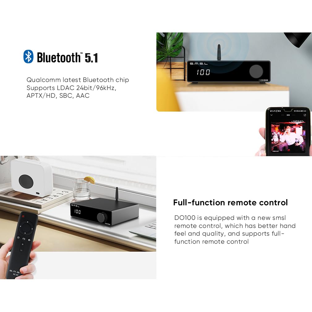 SMSL DO100 USB DAC ES9038Q2Mx2 OPA1612x4 Bluetooth5.1 DSD512 32bit/768kHz USB/BT/Opt/Coax Input RCA/XLR Output High Resolution Balanced Audio Decoder with Remote Control