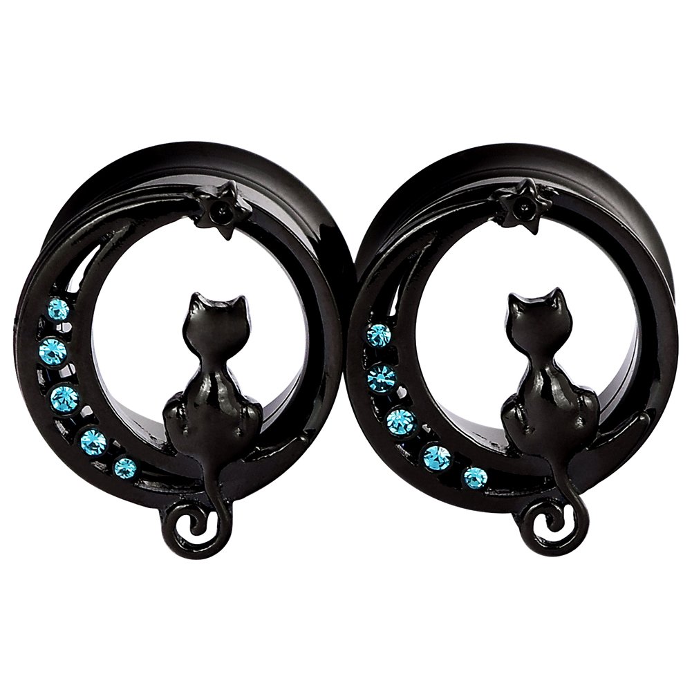 YOFANST Stainless Steel Black Cat on The Moon Ear Expander Piercing Tunnels Gauge 0g