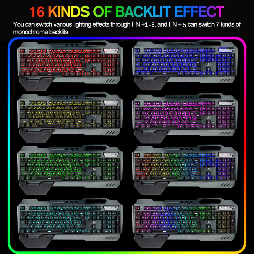 Wireless Gaming Keyboard Mouse Bluetooth Headset Kit with 16 RGB Backlit Rechargeable Battery Metal Mechanical Ergonomic Waterproof Dustproof Removable Palm Rest for Laptop PC Gamer(Rainbow RGB)