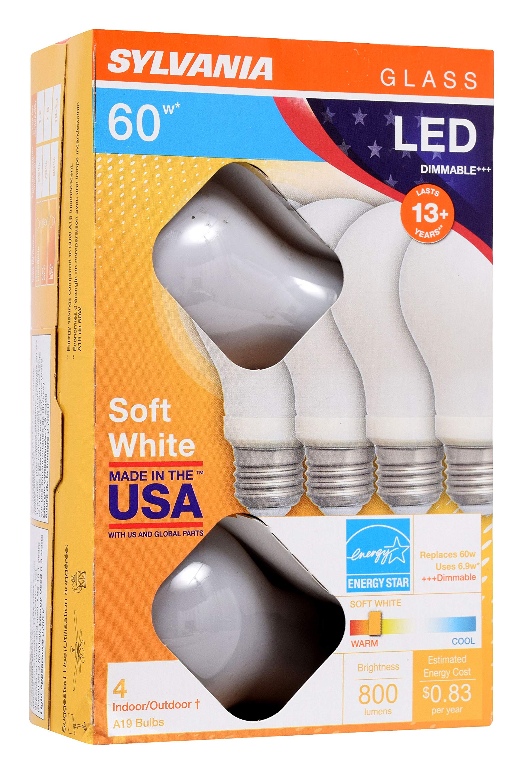 Sylvania 40275, Soft White 60 Watt Equivalent, A19 LED Light Bulbs, Dimmable, Energy Star Rated, Color 2700K, Made in The USA with US and Global Parts, 1 Pack, 4 Count