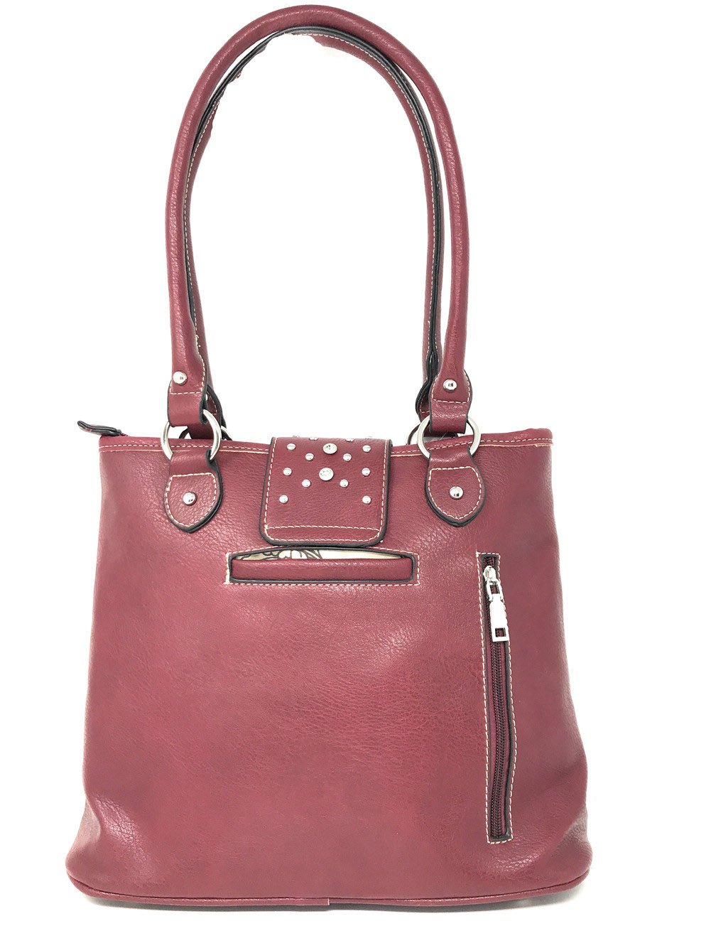 Western Rhinestone Buckle Concealed Carry Floral Womens Tote Handbag/Wallet Set (Red)