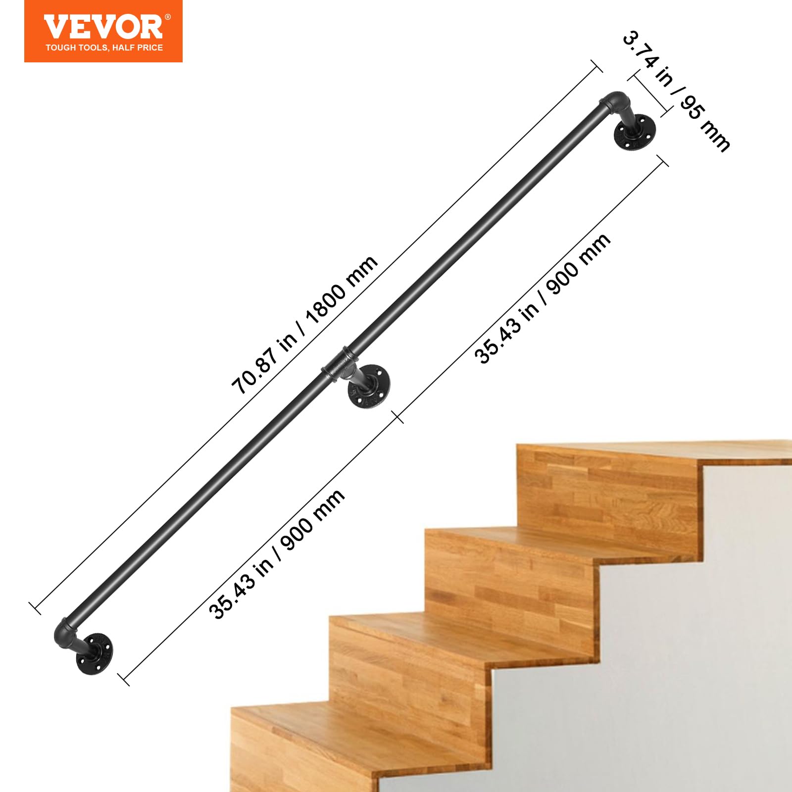 VEVOR Pipe Stair Handrail, 6FT Staircase Handrail, 440LBS Load Capacity Carbon Steel Pipe Handrail, Industrial Pipe Handrail with Wall Mount Support, Round Corner Wall Handrailings for Indoor, Outdoor