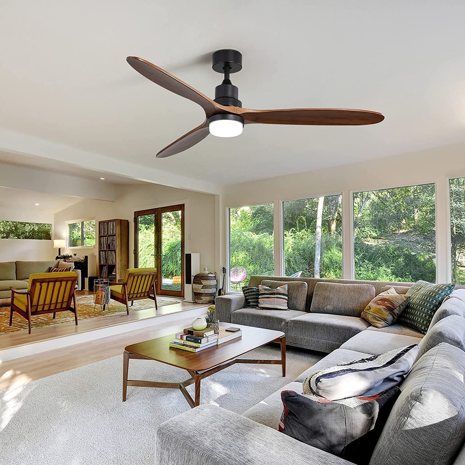 Sofucor 60" Wood Ceiling Fan with Light and Remote, Dimmable LED Ceiling Fan, Noiseless DC Motor, 3 Oil Rubbed Bronze Blades, for Indoor or Covered Outdoor, Matte Black