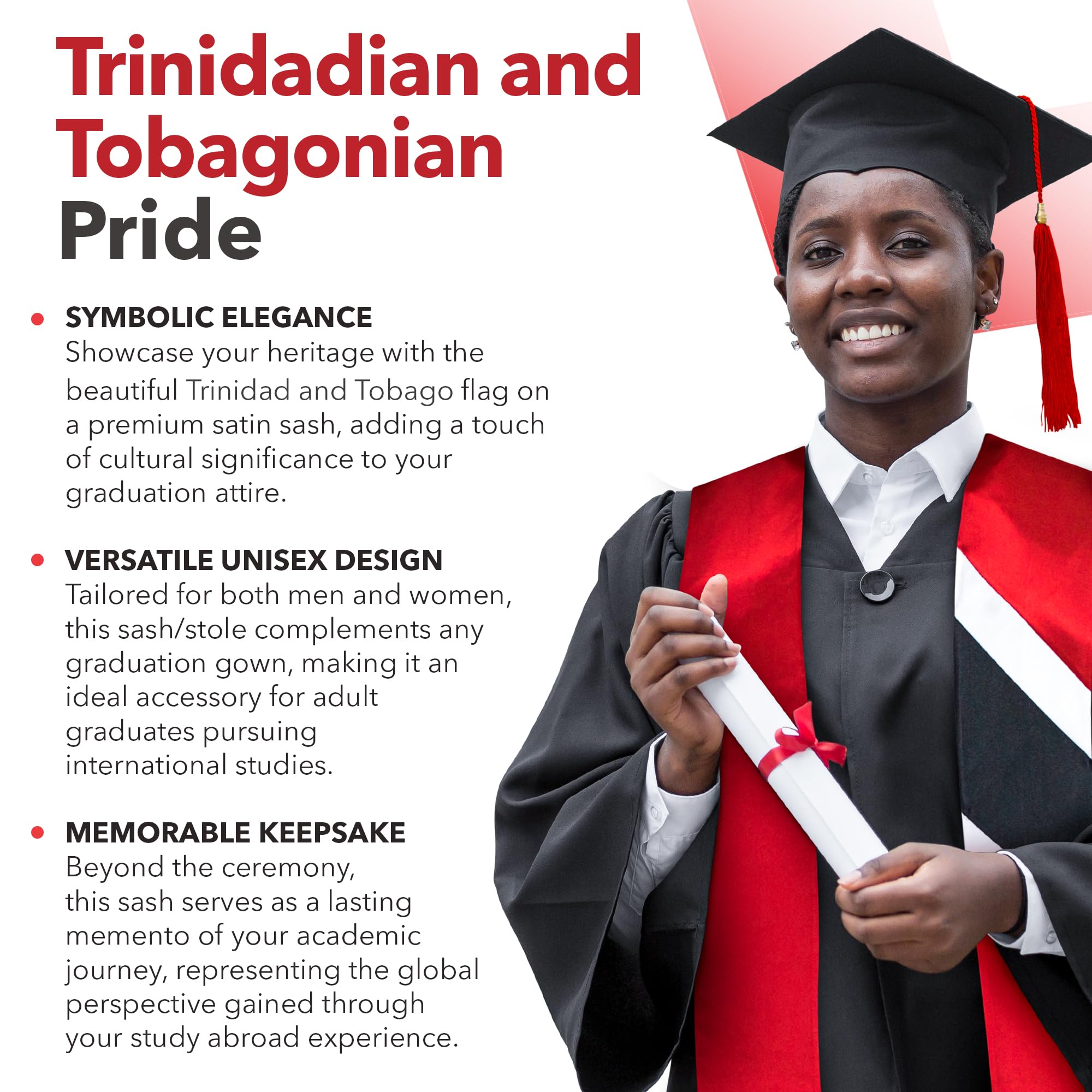 Vision Wear Trinidad Tobago Flag Graduation Sash/Stole International Study Abroad Adult