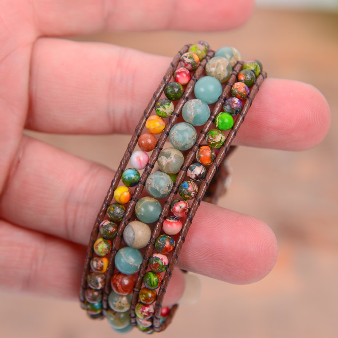 YGLINE Boho Handmade Natural Stone Bead 3 Row Wide Wrap Wrist Statment Bracelet Jewelry Collection (regalite &agalmatolite)