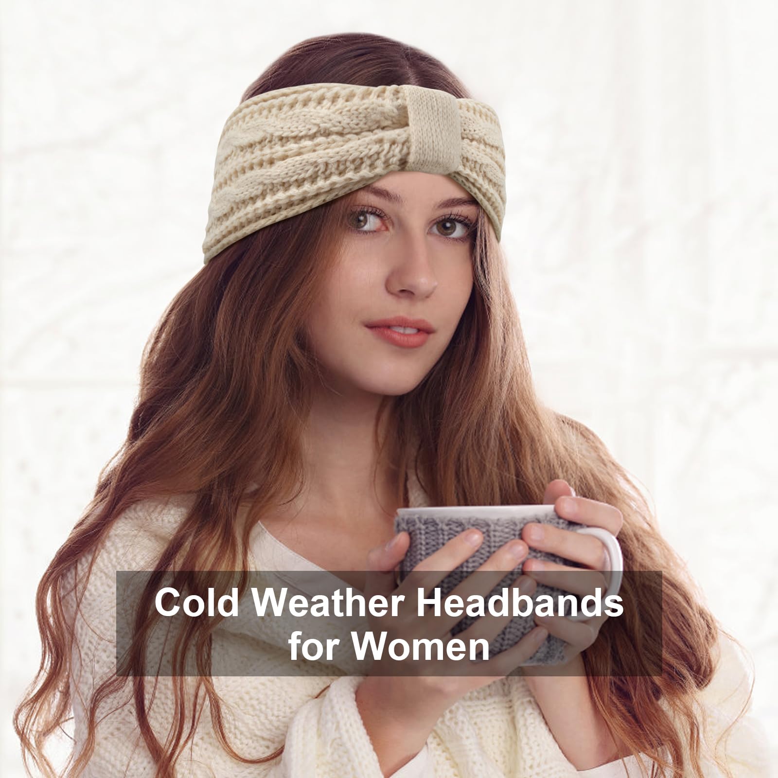 Warm Winter Headbands for Women Cable Crochet Turban Ear Warmer Headband Gifts with Plush, Double Twist Multicolour 1(4 Pack)