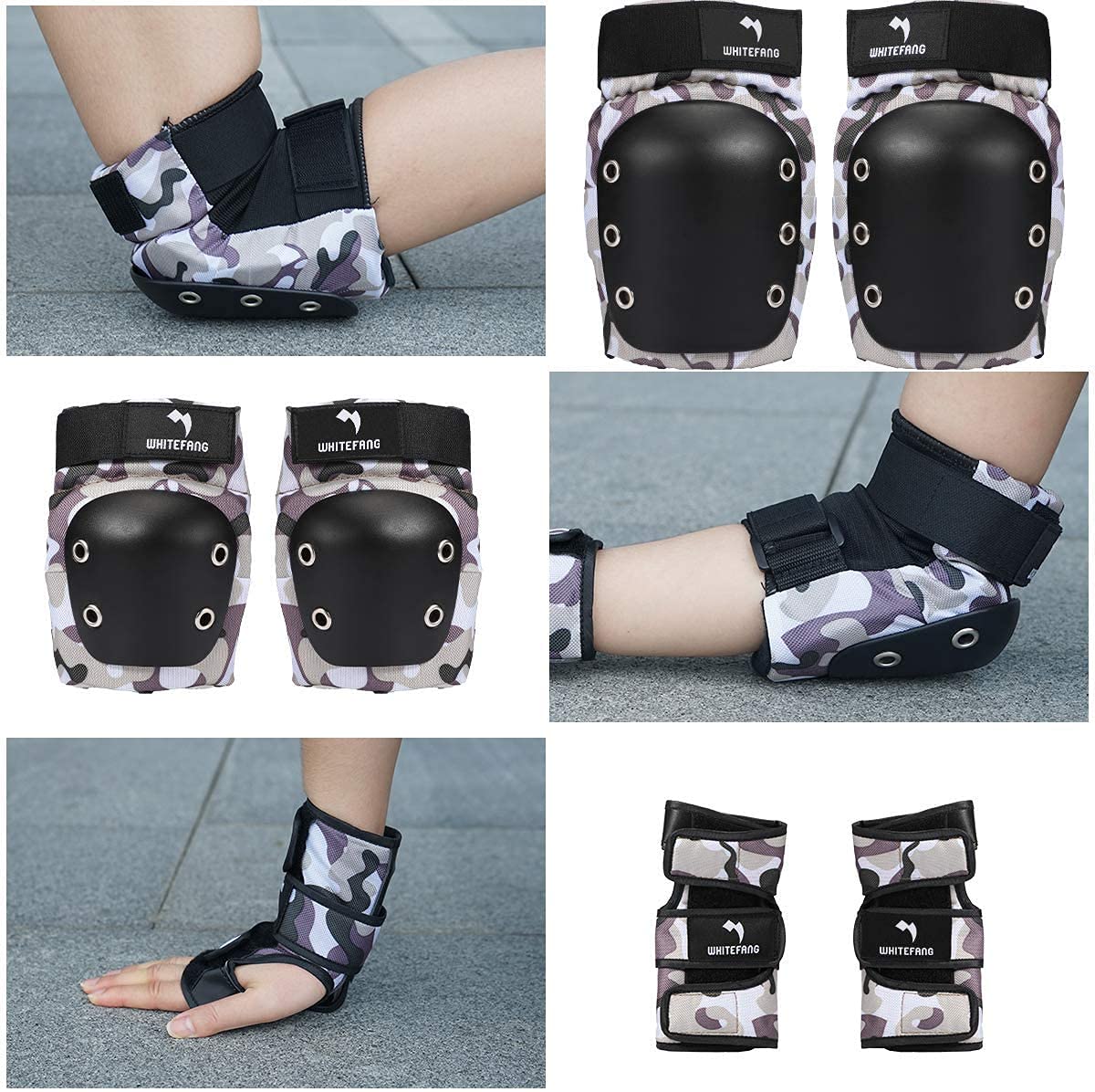 WhiteFang Knee Pads for Kids, Knee Pads and Elbow Pads with Wrist Guards 6 in 1 Protective Gear Set for Skateboarding, Rollerblading, Biking, Skating, Skiing, Scooter (Gray M)