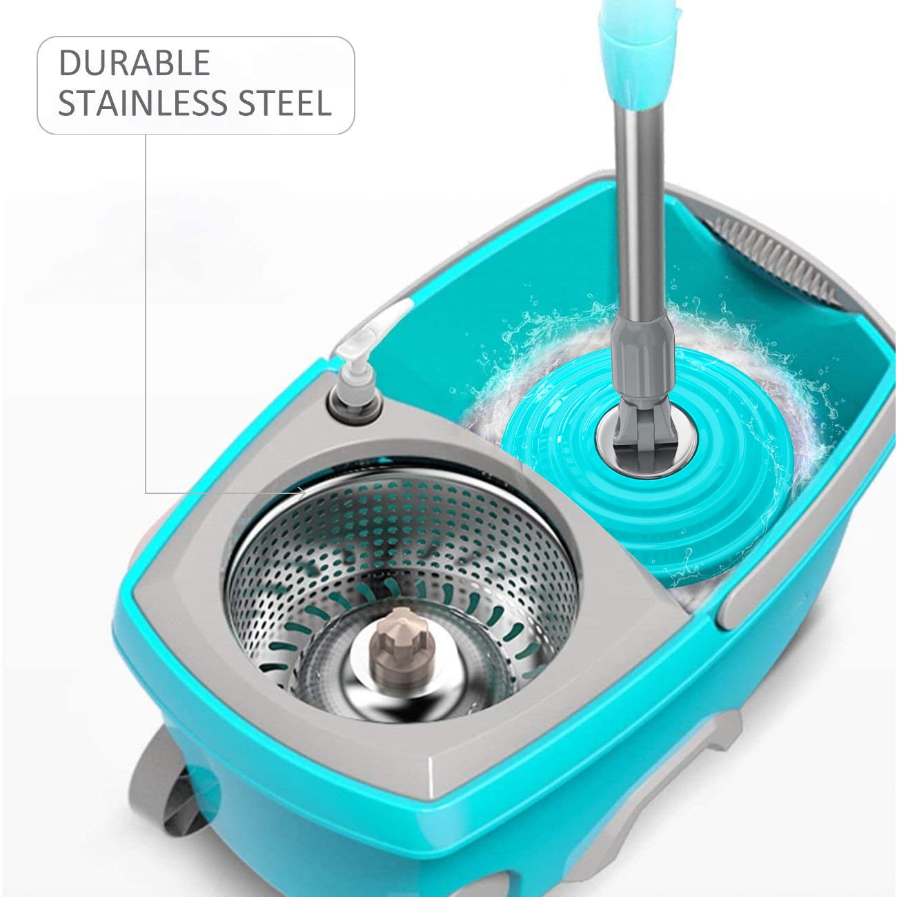 Tsmine Spin Mop Bucket System Stainless Steel Deluxe 360 Spinning Mop Bucket Floor Cleaning System with 6 Microfiber Replacement Head Refills,61" Extended Handle, 2X Wheel for Home Cleaning - MINT