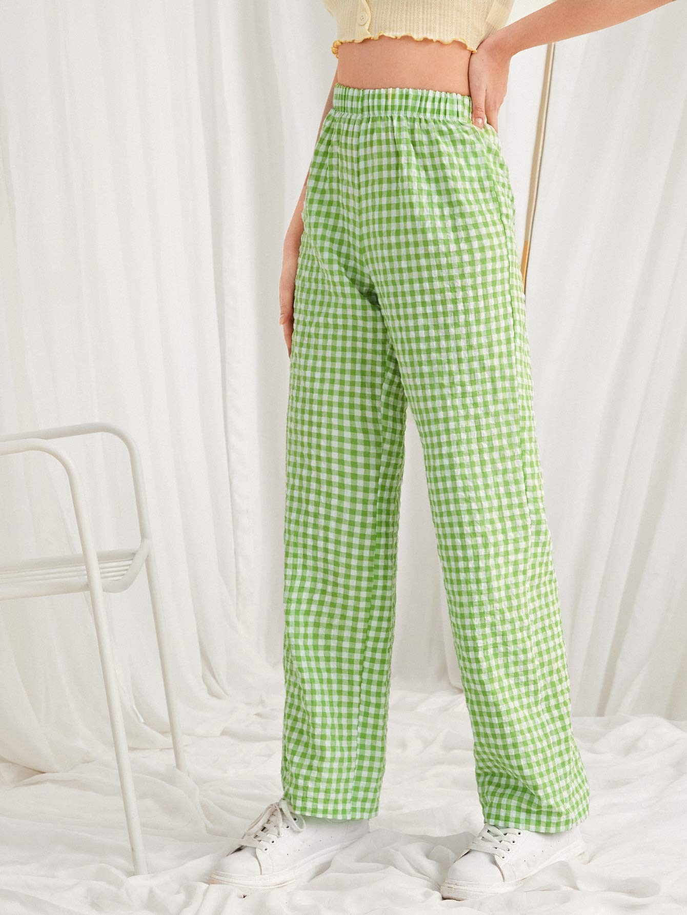 SOLY HUX Women's Casual Gingham Relaxed Fit Elastic High Waisted Straight Wide Leg Y2K Trousers Pants Lime Green M