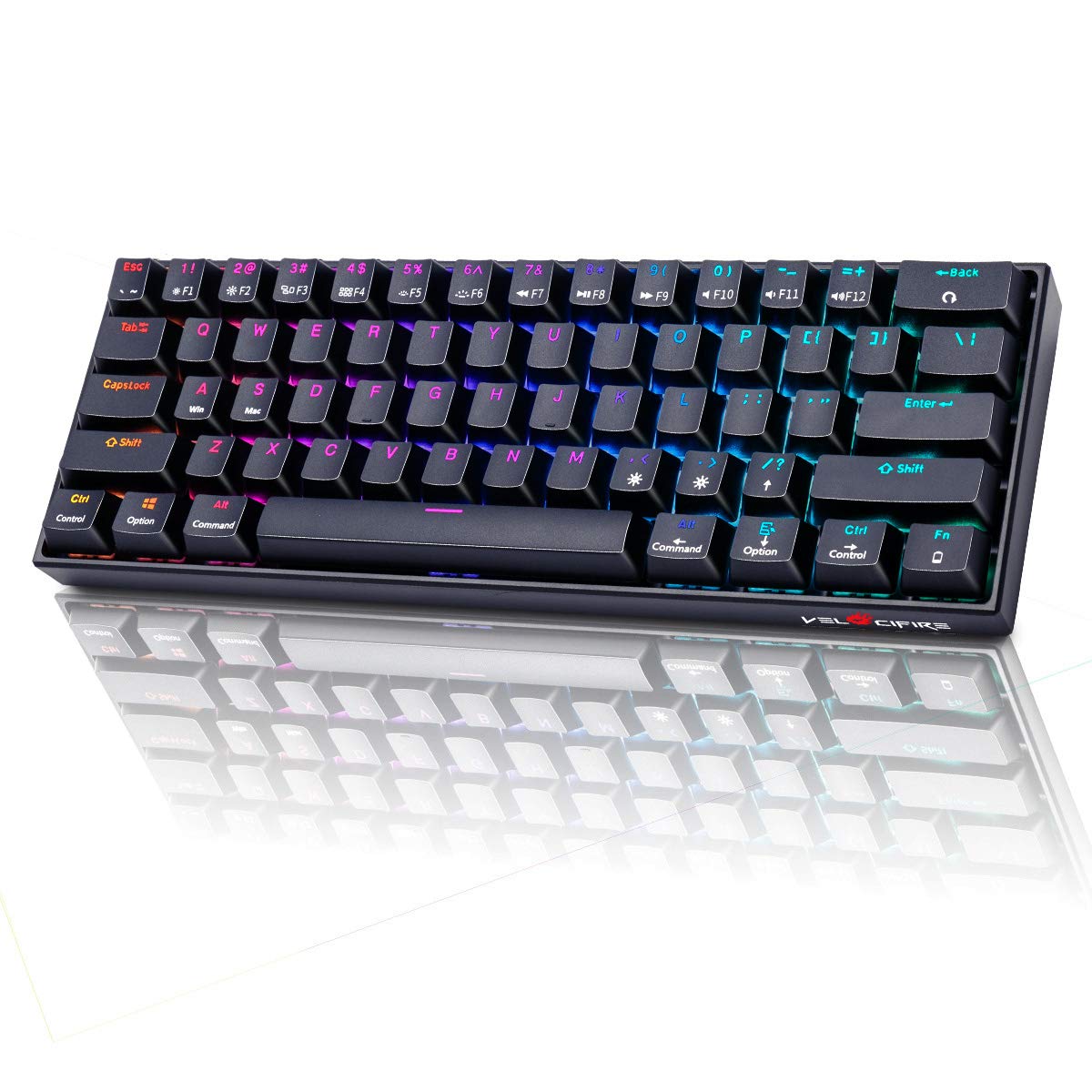 VELOCIFIRE Wireless Bluetooth Mechanical Keyboard, M2 61 Keys Mini 60% Mechanical Gaming Keyboard, RGB Backlit Hot Swappable Gateron Red Switch Black Keyboard