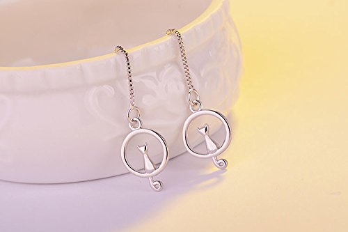 White Gold Plated Long Tassel Chain Sweet Cat on Moon Dangle Drop Threader Earrings for Women