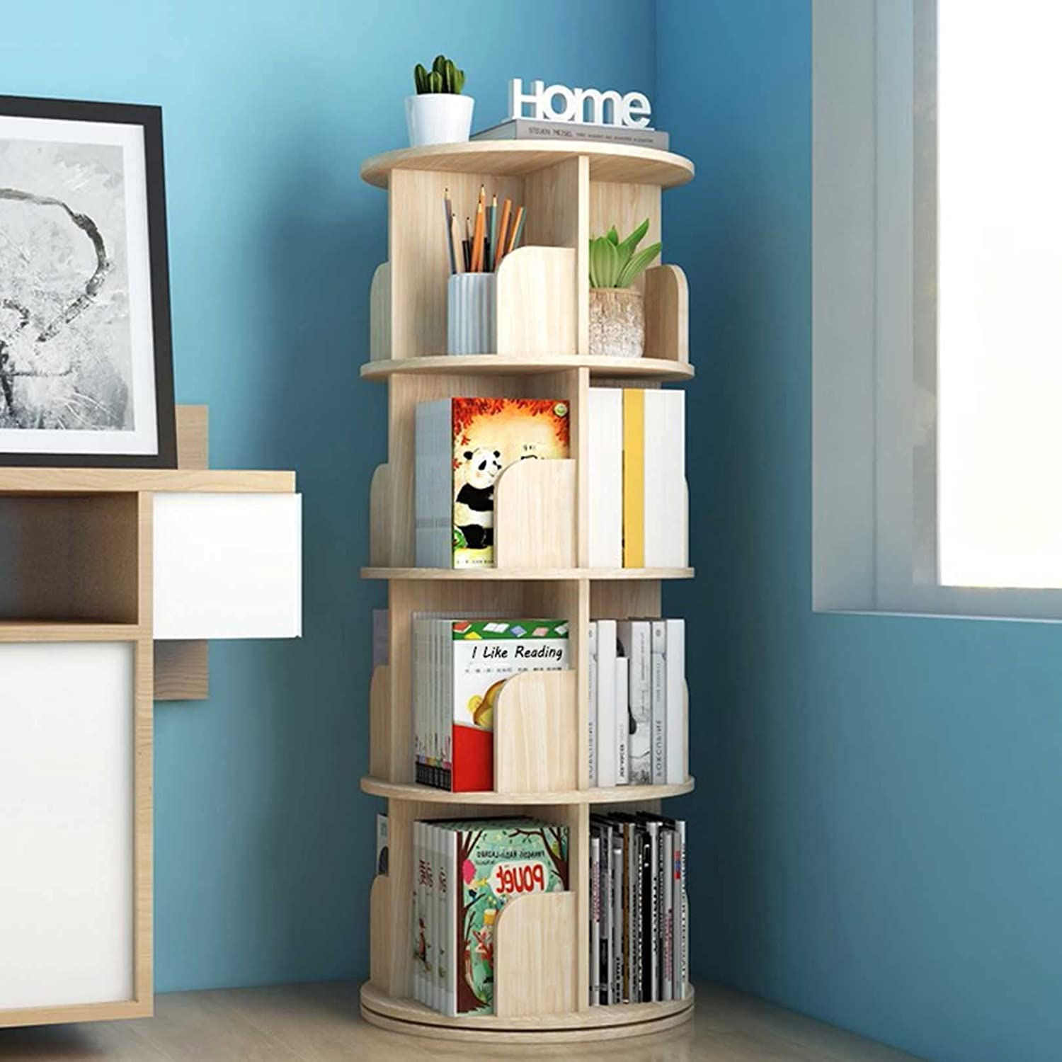 TNUEEIO 4-Tier Wooden Rotating Bookshelf,Natural Solid Wood Revolving Floor Standing Bookcase 360 Display Corner Storage Rack for Kids Adults, Stackable Shelves Bookshelf Organizer