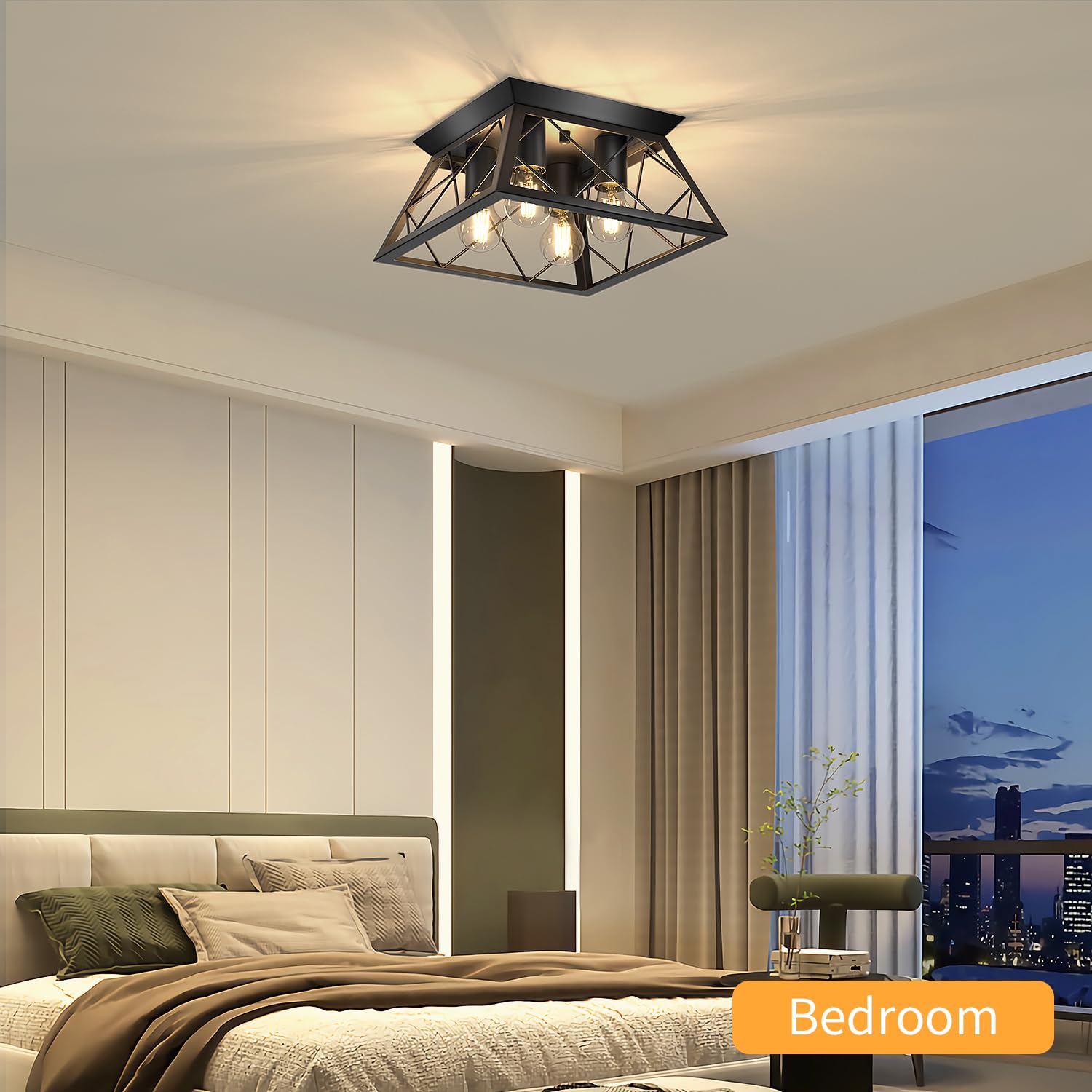Umtozz 4-Light Kitchen Light Fixtures Ceiling Mount, Farmhouse Black Flush Mount Ceiling Light, Industrial Square Ceiling Light Fixture for Dining Room Living Room Bedroom