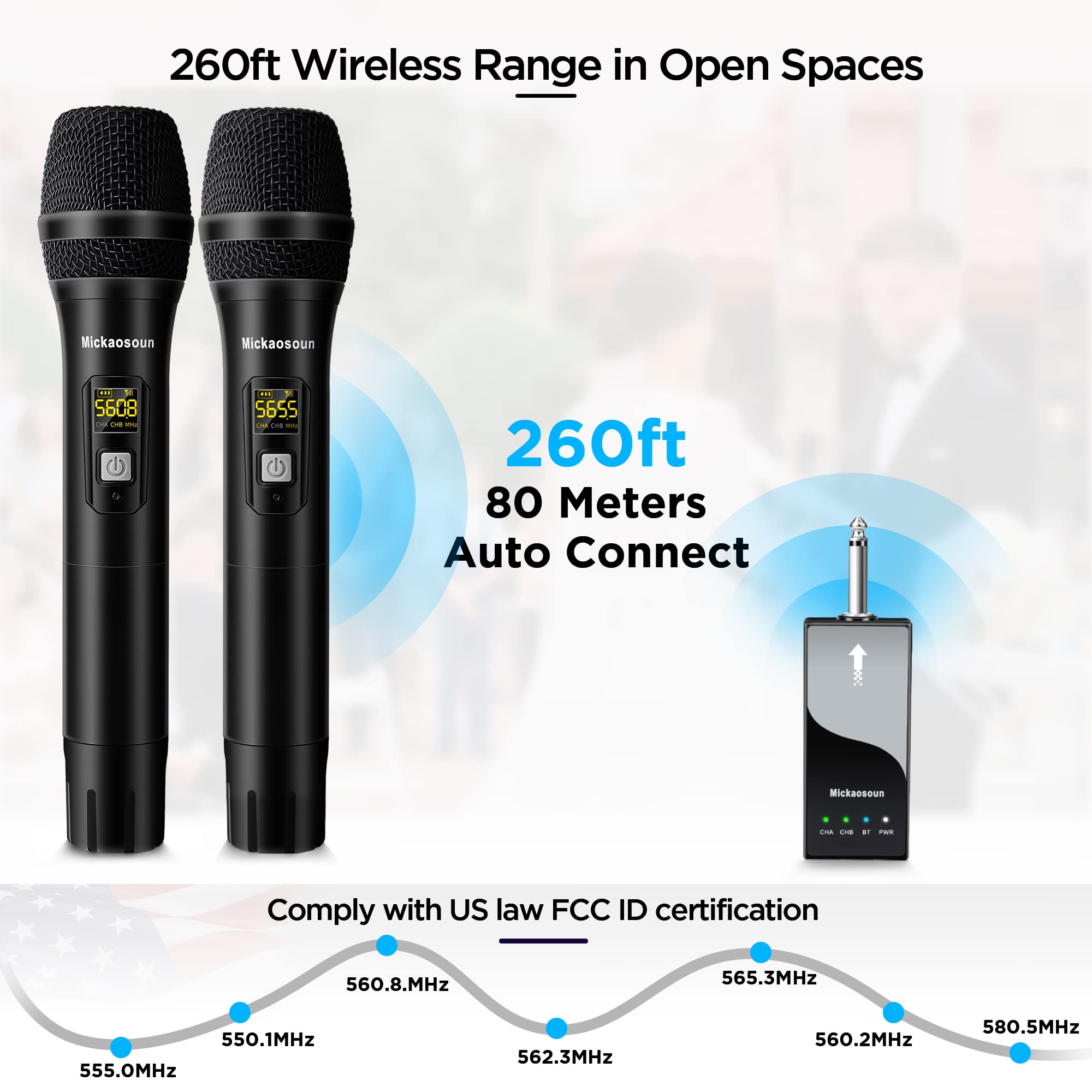 Wireless Microphone, UHF Dual Metal Handheld Cordless Dynamic Karaoke Mic System with 1/4'' Output Rechargeable Receiver, Plugd＆Play, for Karaoke, Party, Singing, Wedding, Church, Speech, DJ(260ft)