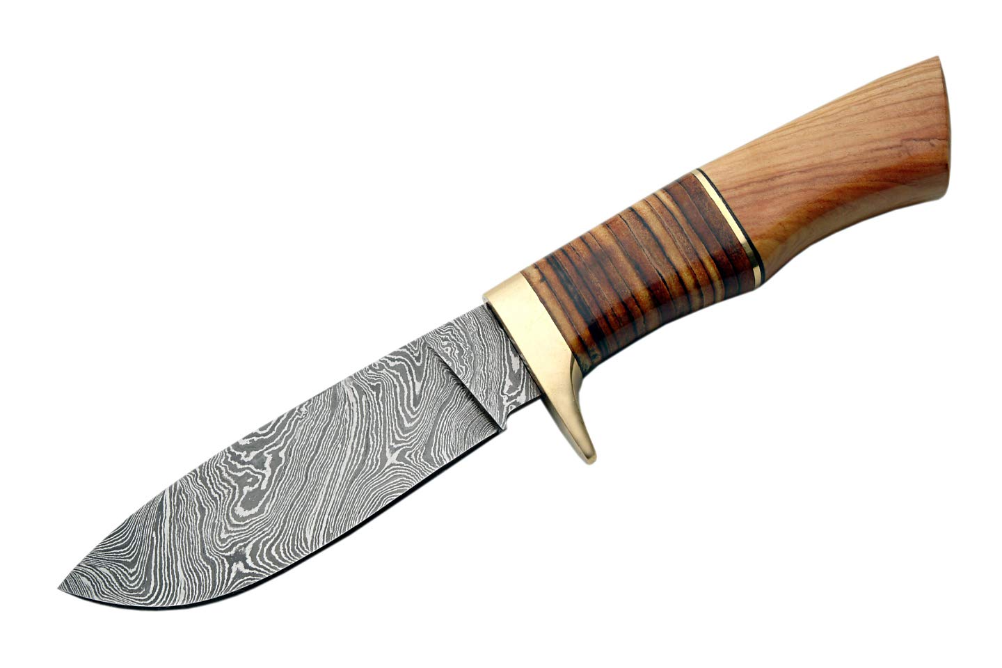 SZCO Supplies DM-1100 Damascus Stacked Leather/Olivewood Hunting Knife
