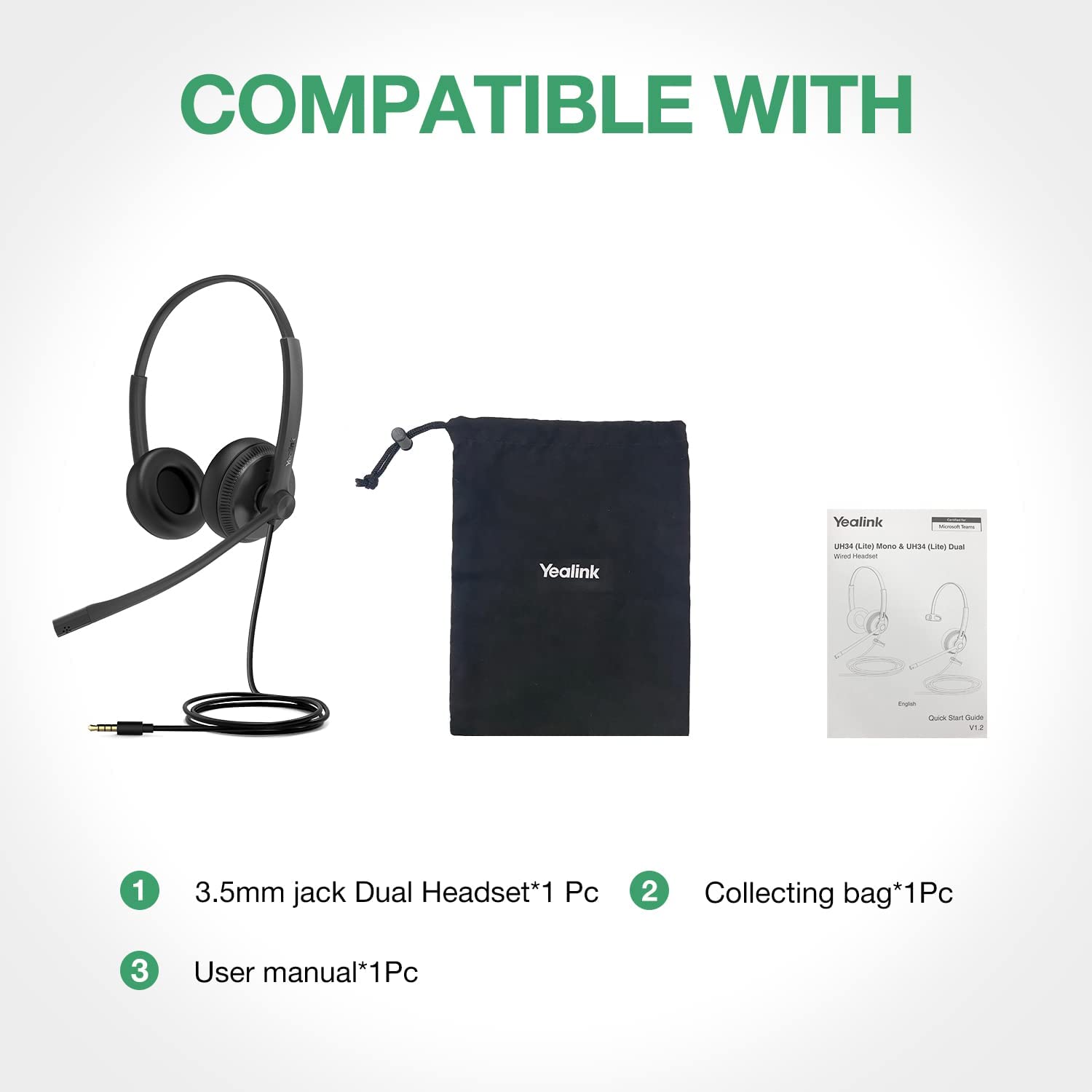 Yealink UH34 USB Headset with Microphone for PC Laptop, 3.5mm Stereo Headphone Noise Canceling&Volume Control, Teams Certified Work Office Headset