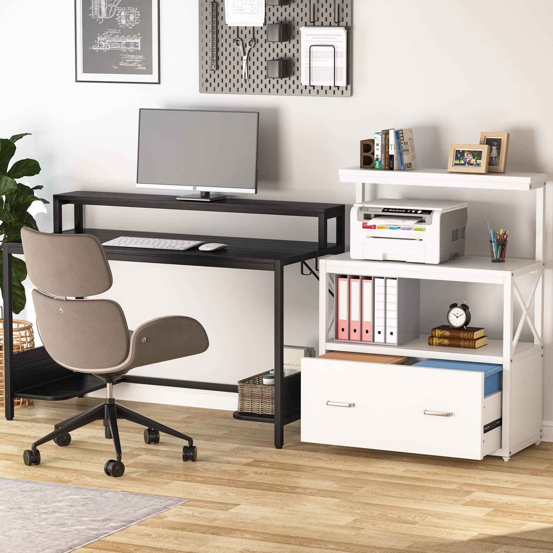 Tribesigns Lateral File Cabinet Modern Filing Cabinet with 1 Large Drawer, Printer Stand with 3 Open Storage Shelves for Home Office