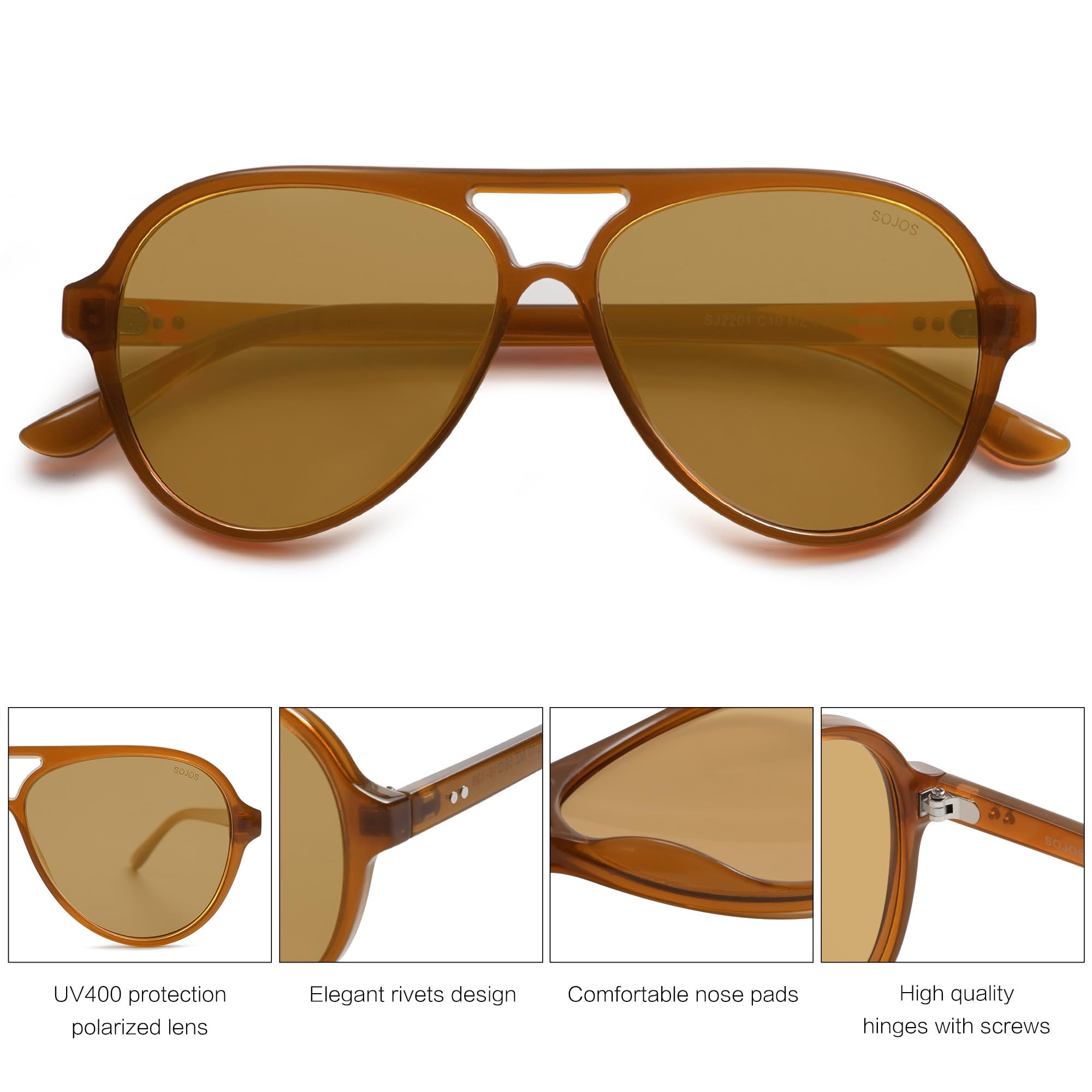 SOJOS Classic Polarized Aviator Sunglasses Womens Mens Retro Double Bridge Aviators SJ2201, Shiny Brown/Brown