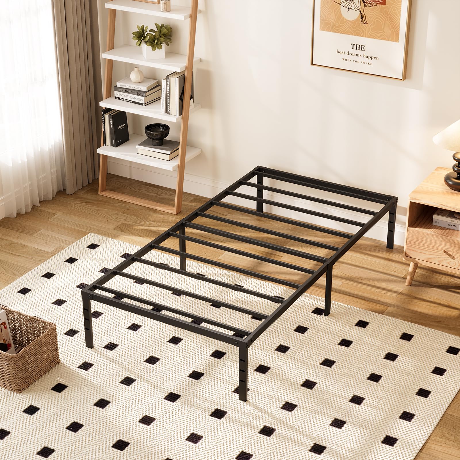 Twin Size Bed Frame 18 Inch Heavy Duty Metal Frames with Steel Slats Support Ample Storage No Box Spring Needed, Easy Assembly, Noise Free, Black