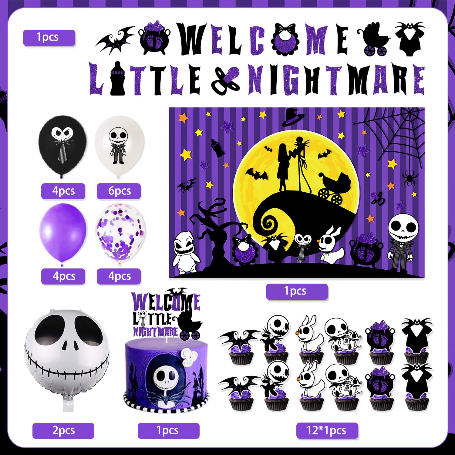 Welcome Little Nightmare Baby Shower Halloween Decorations,Nightmare Before Birthday Party Decorations Includes Banner,Backdrop,Balloons,Nightmare Cake Topper and Cupcake Toppers