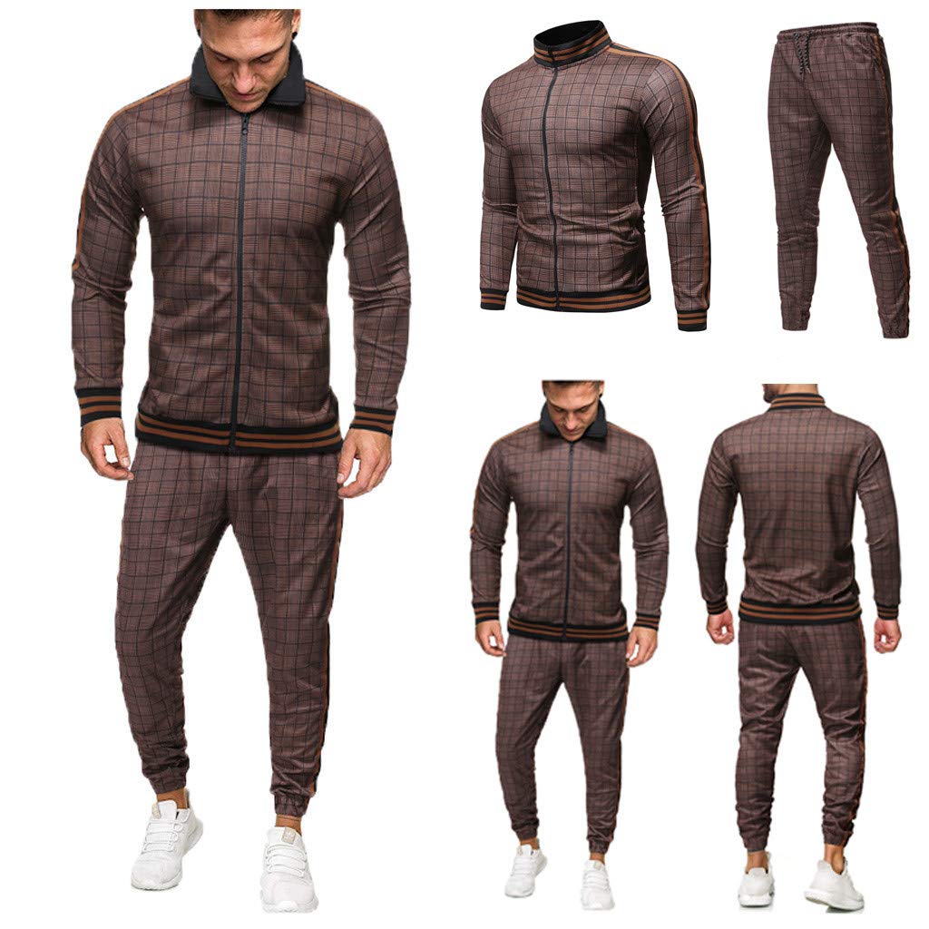 VEZAD Store Mens Plaid 2Pc Zipper Tracksuit,Autumn Printed Sweatshirt Top Pants Sets Sports Suit Tracksuit