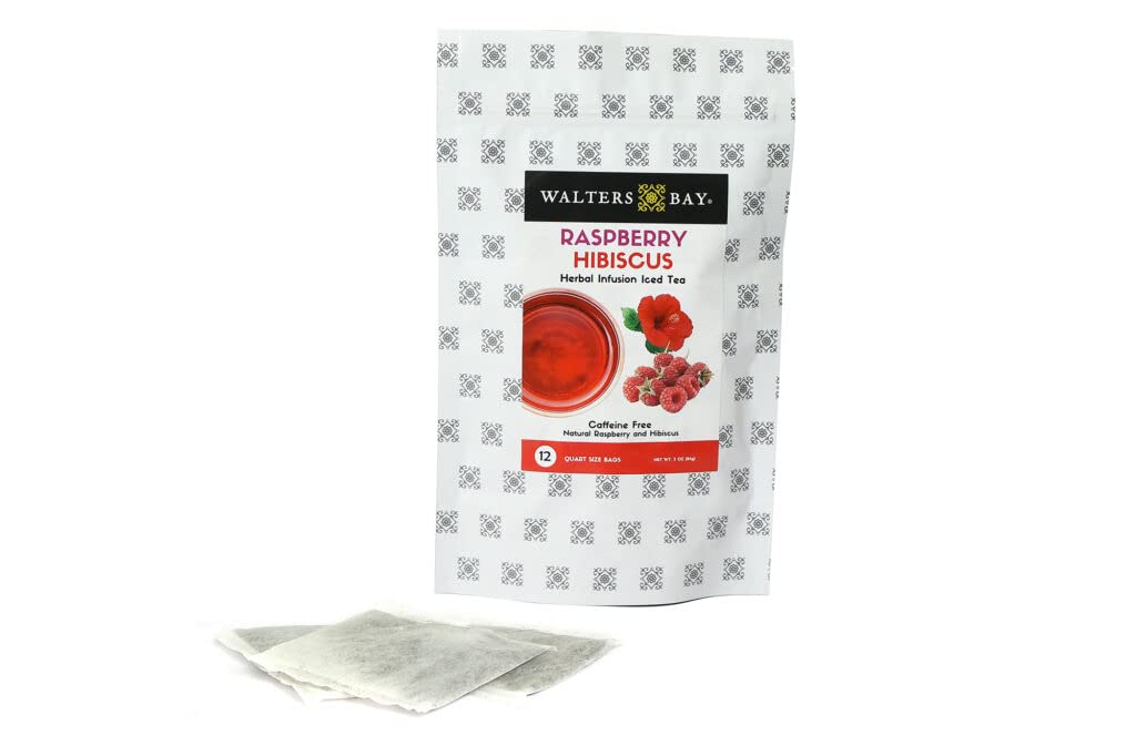 Walters Bay Raspberry Hibiscus Herbal Iced Tea, 12 Count, Quart Sized Tea Bags, Unsweetened, Raspberry Flavored, Herbal Iced Tea, No Caffeine