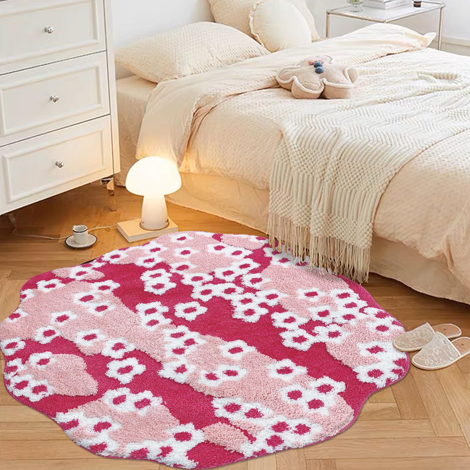 USTIDE Moss Area Rug, Floral Shape Area Rugs Super Fluffy and Washable Carpet Anti-Slip Round Farmhouse Floor Mat Multi-Colored Rug for Bedroom Playroom Kitchen Decor (Pink,39.3’’)
