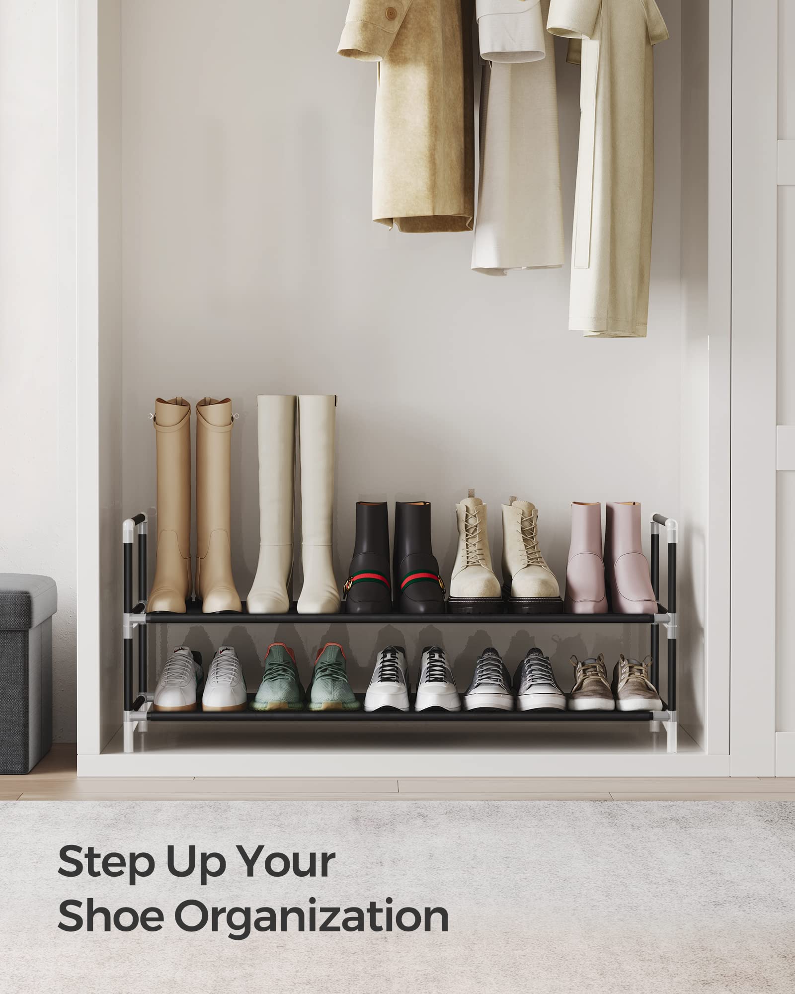 SONGMICS 2-Tier Shoe Rack with Shelves for Closet Entryway, Black ULSH052B01