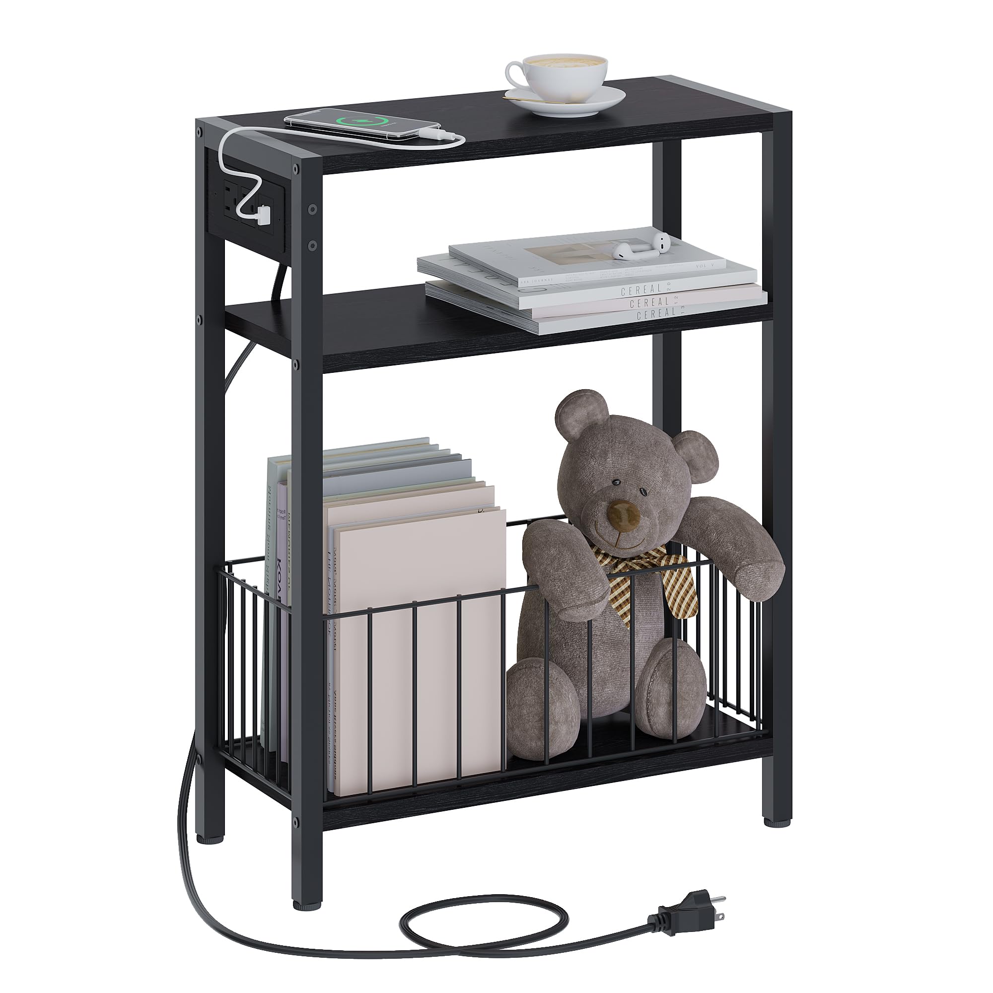 TRIFEBLE End Table with Charging Station, Narrow Side Table with Storage Shelf, Modern Sofa Table for Small Spaces, 3 Tier Nightstand with Steel Wire Basket for Living Room, Bedroom, Rustic Brown
