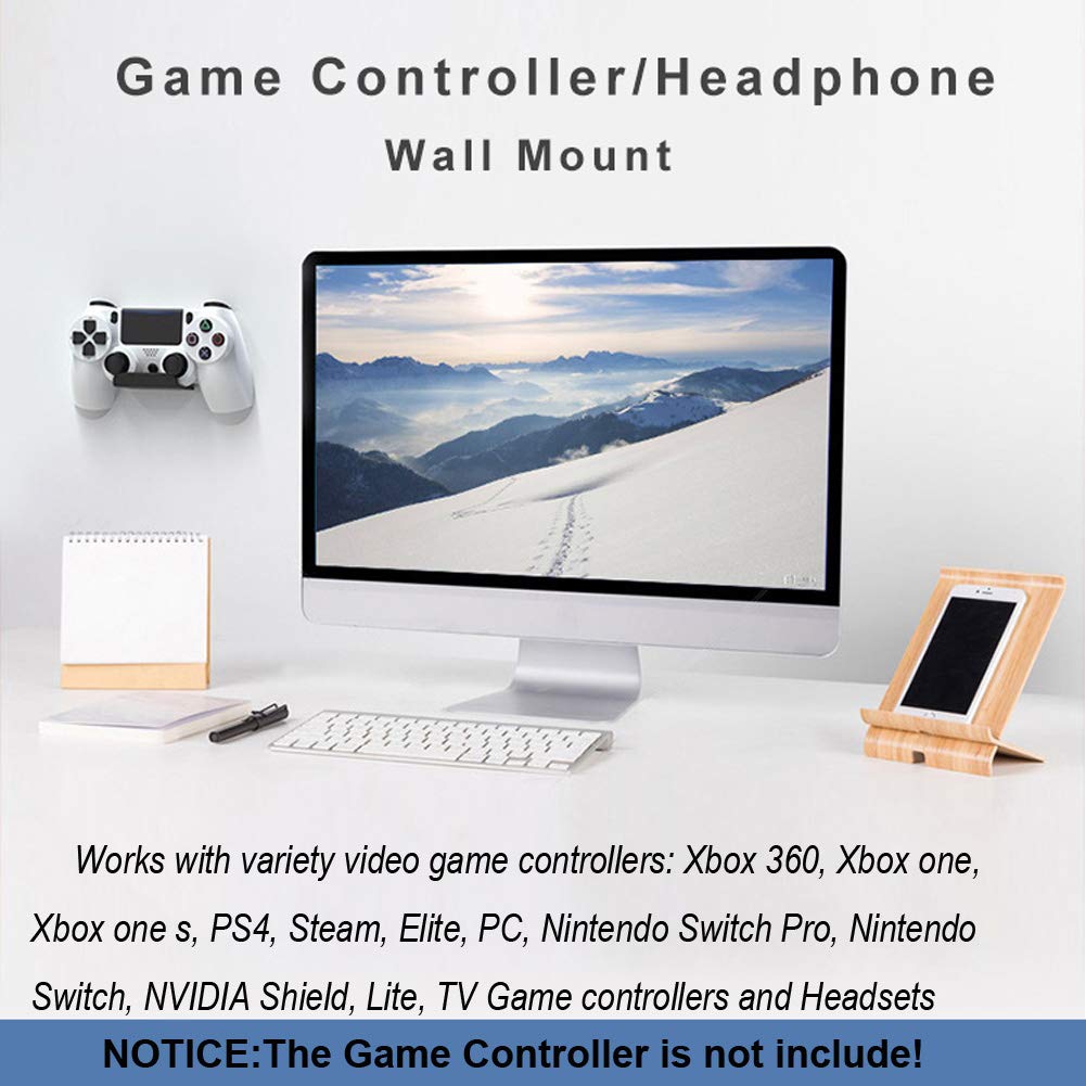 WGOAL Game Controller Wall Mount Stand Holder (2 Pack) Compatible for Xbox One PS4 PlayStation Steam Nintendo Switch Pro Elite PC Controller Headsets, Universal Video Game Controller Accessories Black