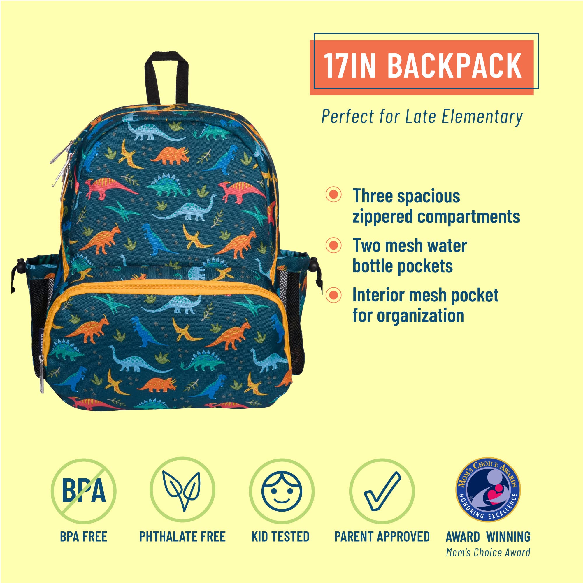Wildkin Kids Two Compartment Lunch Bag, 17-Inch Backpack, and Ice Pack Bundle for Organized, Fresh and Fulfilling Dishes All Around (Jurassic Dinosaurs)