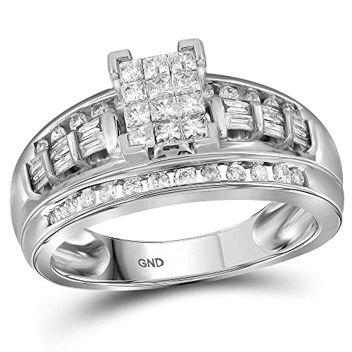 Size - 8.5-10k White Gold Diamond Engagement Wedding Ladies Womens Solitaire Emerald Shape Center Invisible Type Setting Princess, Round & Baguette Cut Diamond Ring 6mm (1/2 cttw)