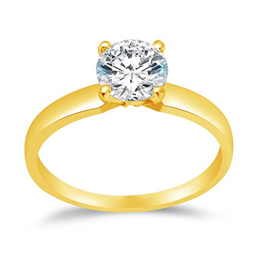 Size - 7.5 - Solid 14k Yellow Gold Round Cut Thick Band Classic Solitaire Wedding Engagement Ring CZ Cubic Zirconia 1.0ct.