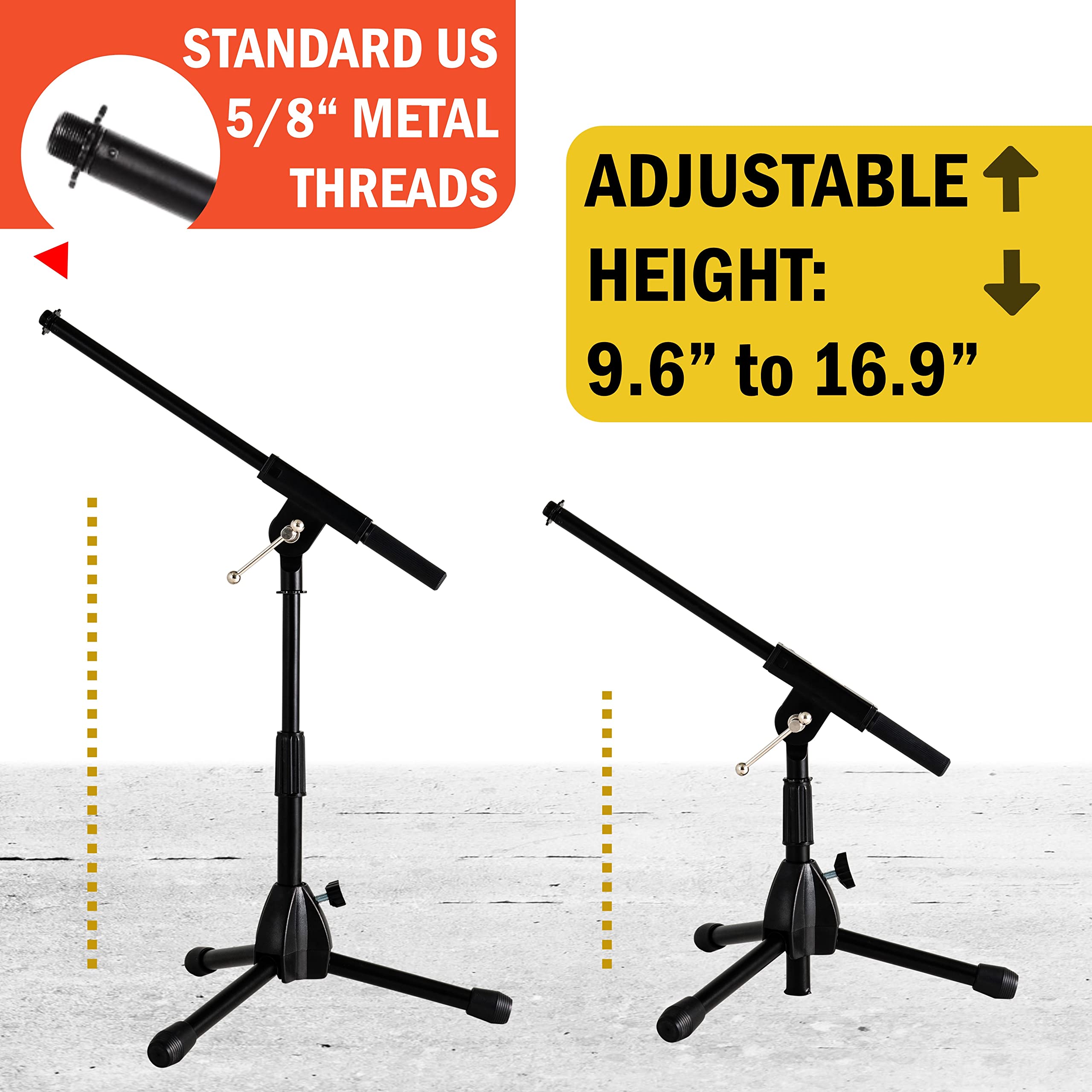 Stage Rocker Foldable Tripod Low-Profile Mic Boom Stand - Height Extending from 9.6'' to 16.9'', w/Adjustable Telescoping Arm Up to 9'', Lightweight/Convenient, Black, Powered by Hamilton(SR610121B)